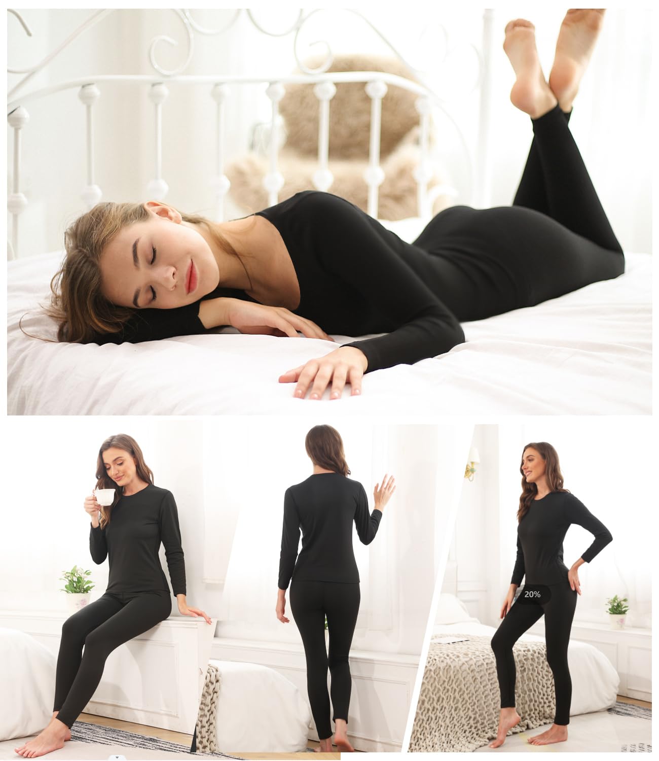 TEEPIRE Women 's Thermal Underwear Set with Lightweight Ultra Soft Fleece Lined,Long John Set, Moisture-Wicking Skiing Base Layer (Medium) Black