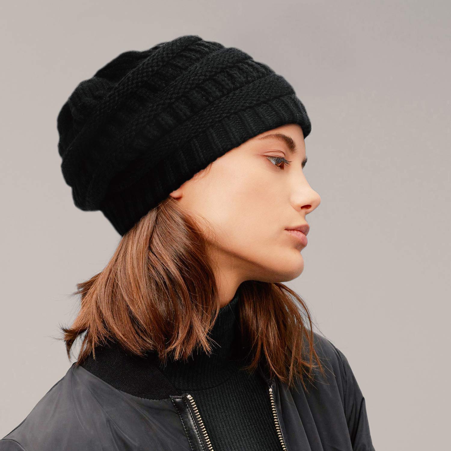 Winter Knit Beanie Hat for Women Men Satin Lined Cable Thick Slouchy Warm Cap Black