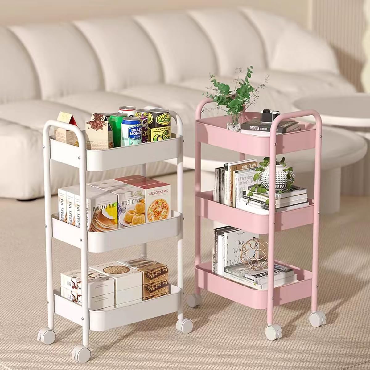 XIUSHE 3-Tier Metal Utility Cart Rolling Storage Organizer, Pink, Indoor Use