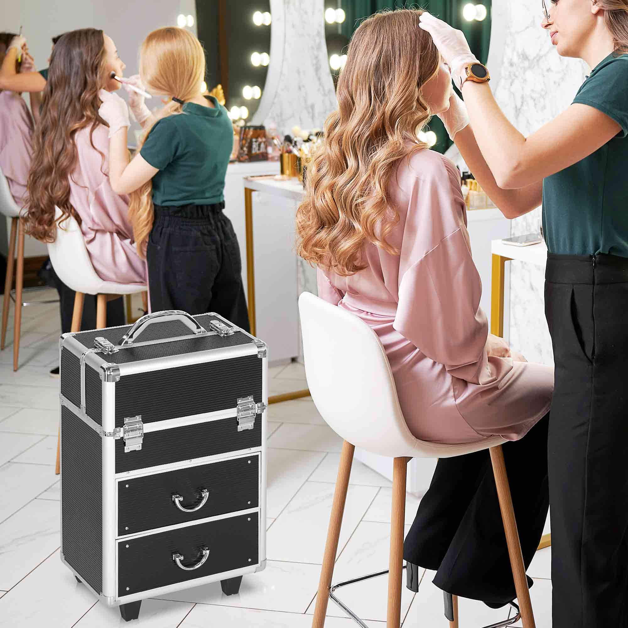 Professional Rolling Full Makeup Travel Train Case, Large Storage Cosmetic Trolley with Folding Trays, Drawer and Locks, Silver