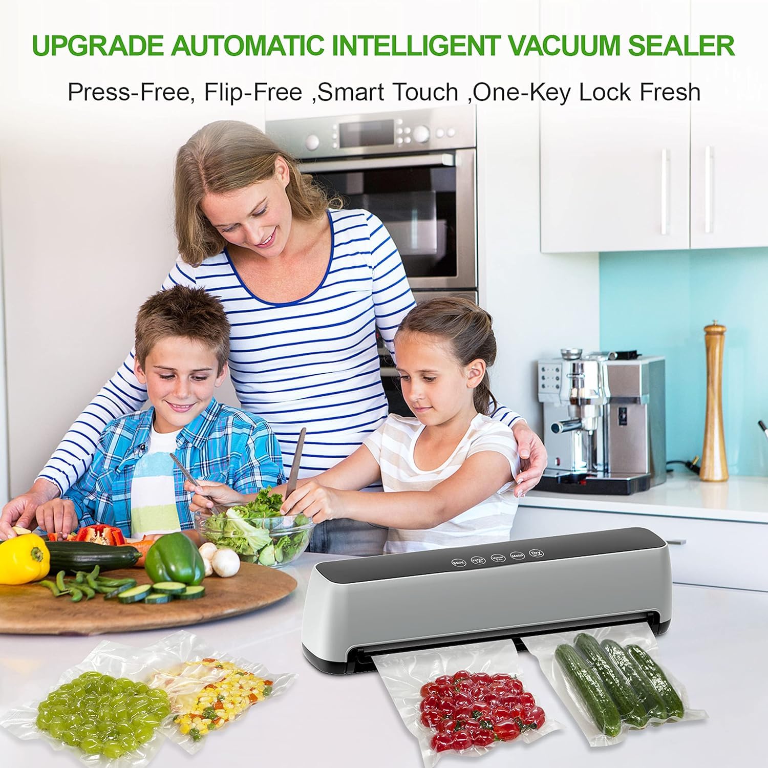 Vacuum Sealer Machine New Upgraded One-Touch Full Automatic Vacuum Sealer with LED Touch Screen Indicator Lights,Air Sealing System for Food Storage Dry/Moist Modes with 15 Seal Bags and 1 Hose.
