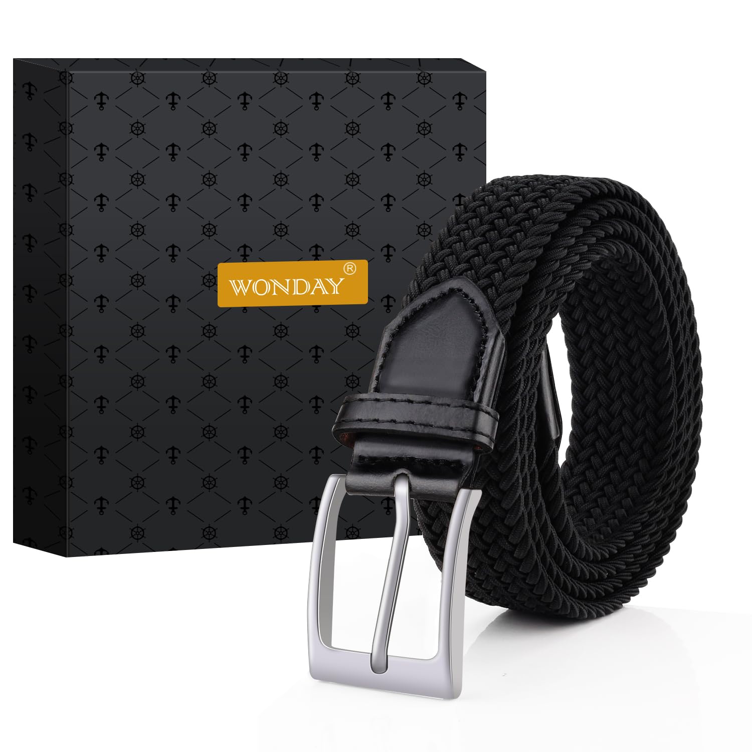 WONDAY Elastic Stretch Mens Belt, Casual Woven Braided Belt, Golf Belts for Men Jeans in Gift Box(Black,L)