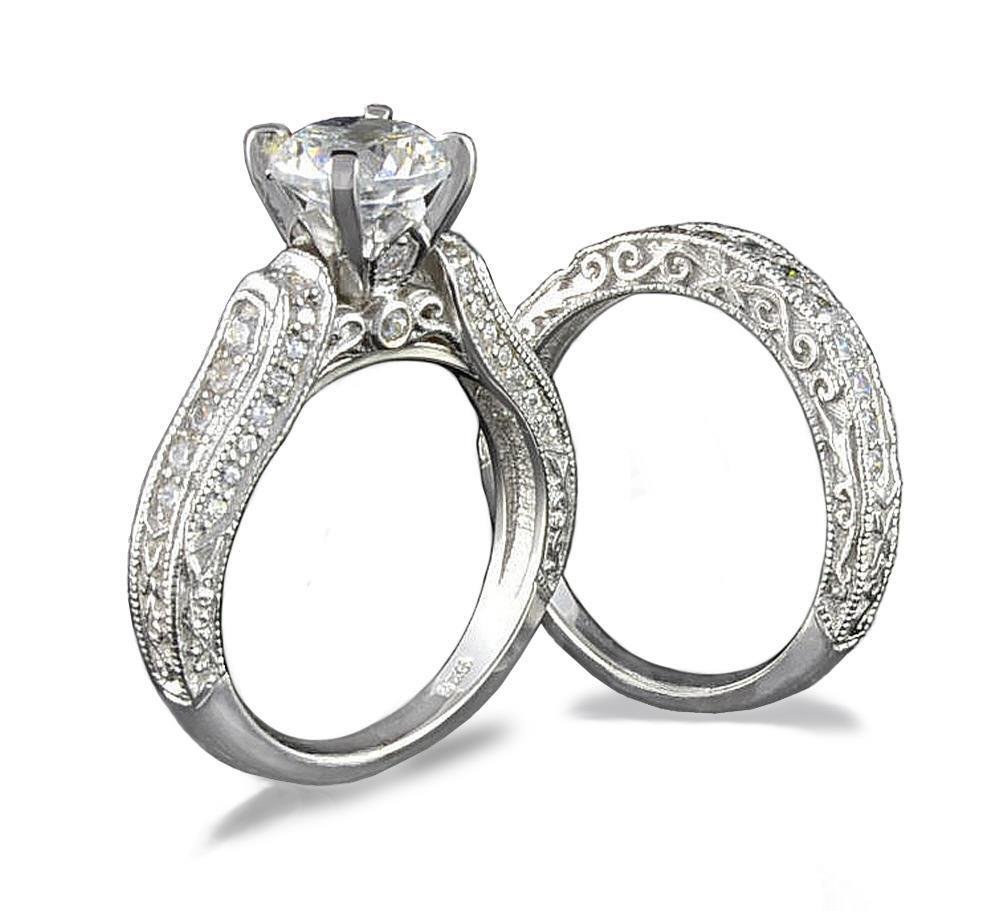 Venetia Top Grade Realistic Hearts and Arrows Cut 2 Carats Simulated Diamond Victorian Pave Ring Set 925 Silver Platinum Plated Cubic Zirconia cz shou6