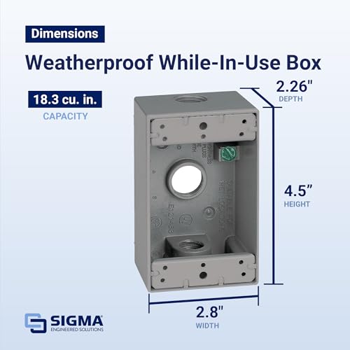 SIGMA ENGINEERED SOLUTIONS 14250 Metal Electrical Outlet Box, Weatherproof, Easy Mount Plug and Receptacle Protector, Gray, (3) 1/2-Inch Holes, 1 Gang Box