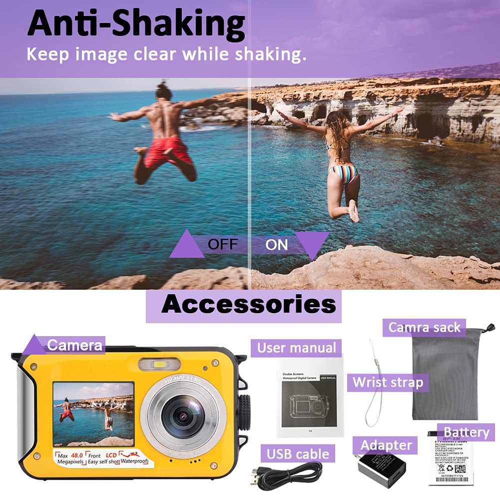 Underwater Camera Full HD 2.7K 48MP Waterproof Camera for Snorkeling Dual Screen Waterproof Camera Digital with Self-Timer and 16X Digital Zoom (WPC-1)