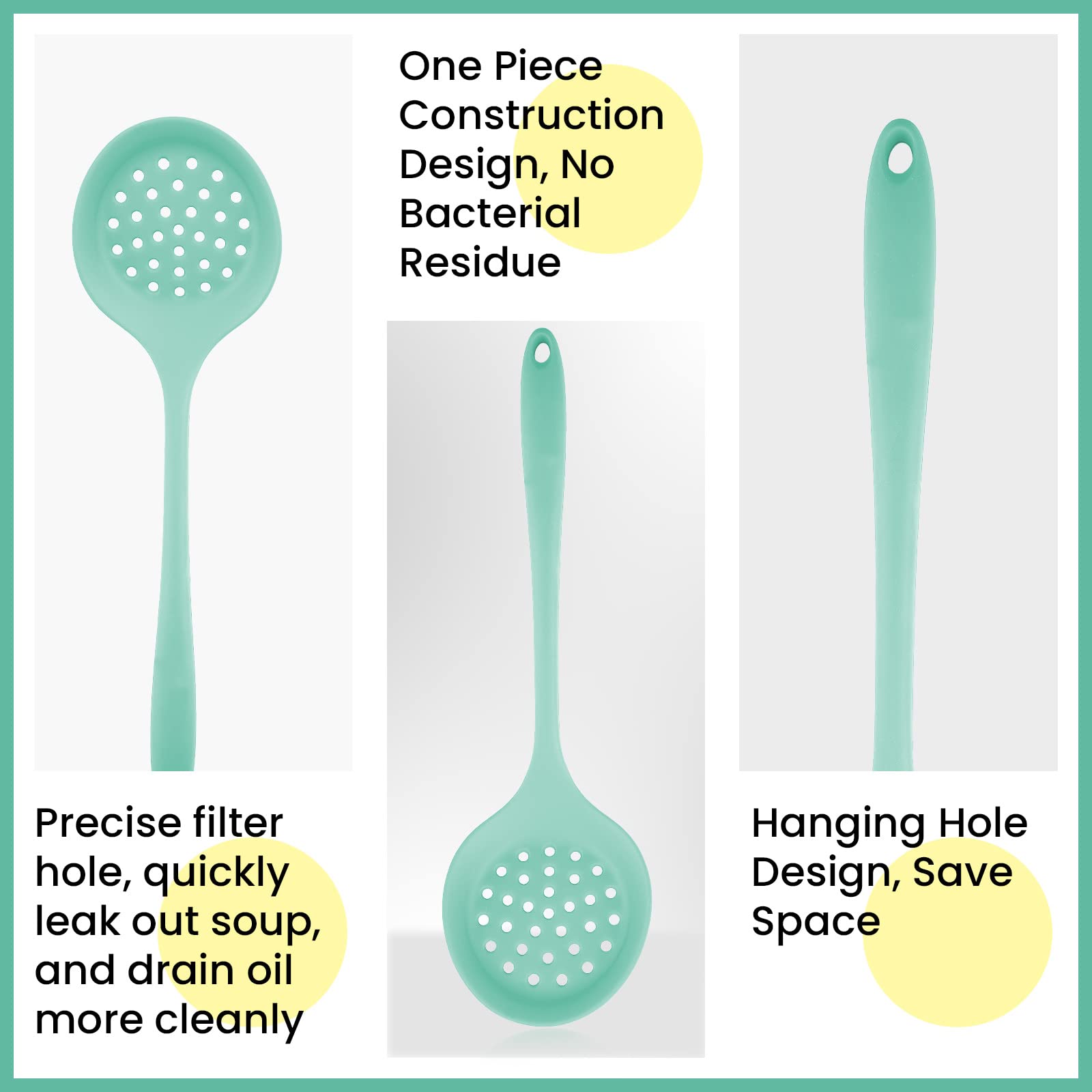Silicone Slotted Spoon, Strainer Spoon, Skimmer Spoon, Slotted Spoons for Cooking, Silicone Strainer Non Stick, One-Piece Heat Resistant Silicone Cooking Spoon (Green)