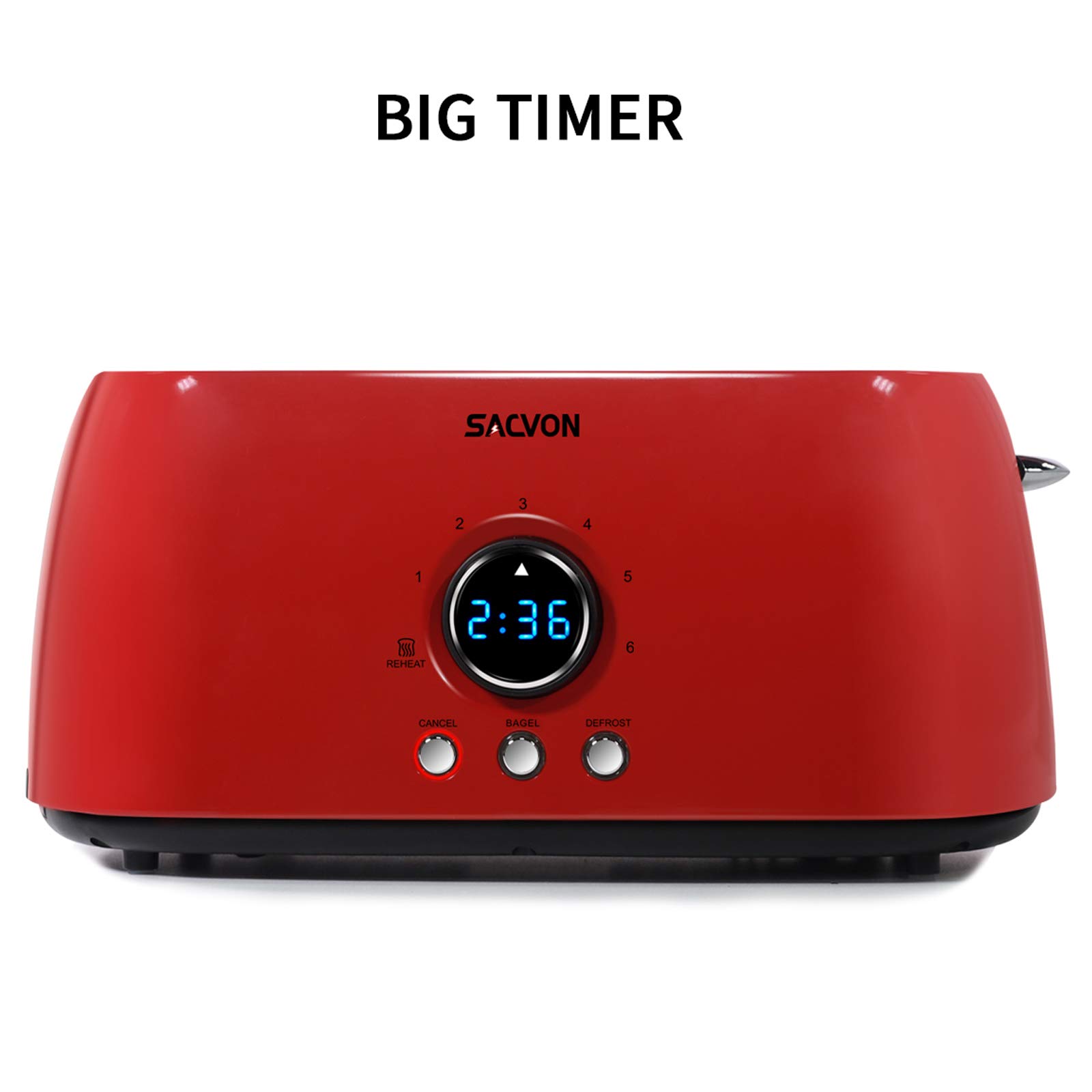 Toaster 4 Slice Long Slot, SACVON Stainless Steel Retro Toasters with Big Timer, Removable Crumbs Tray, Red (Red)