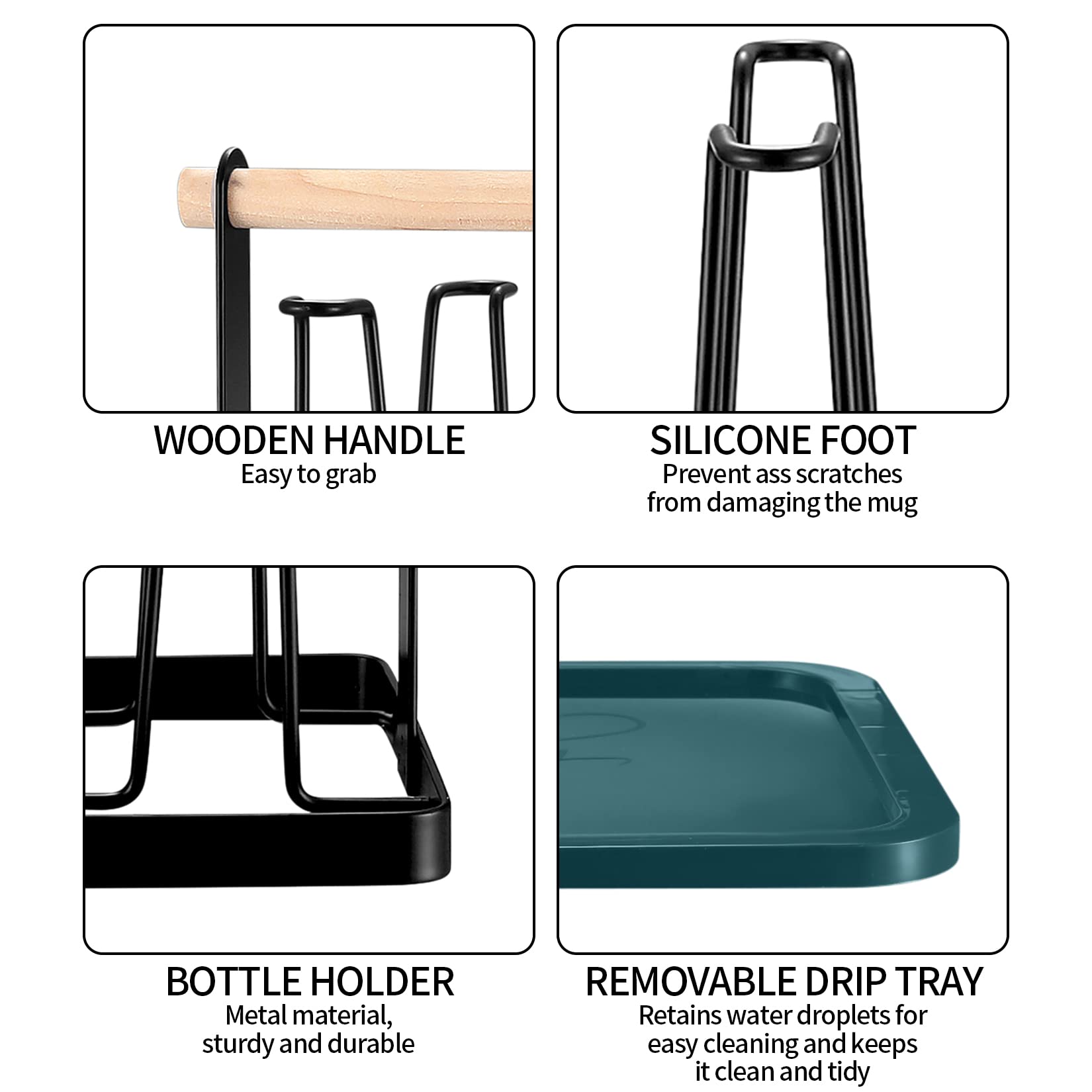 wugongshan Water Bottle Drying Rack, Cup Drying Rack, Coffee Mugs Wine Glass Drying Rack, Tumbler Bottle Drying Drainer Stand with Wood Handle & Removable Draining Tray for Kitchen Countertop