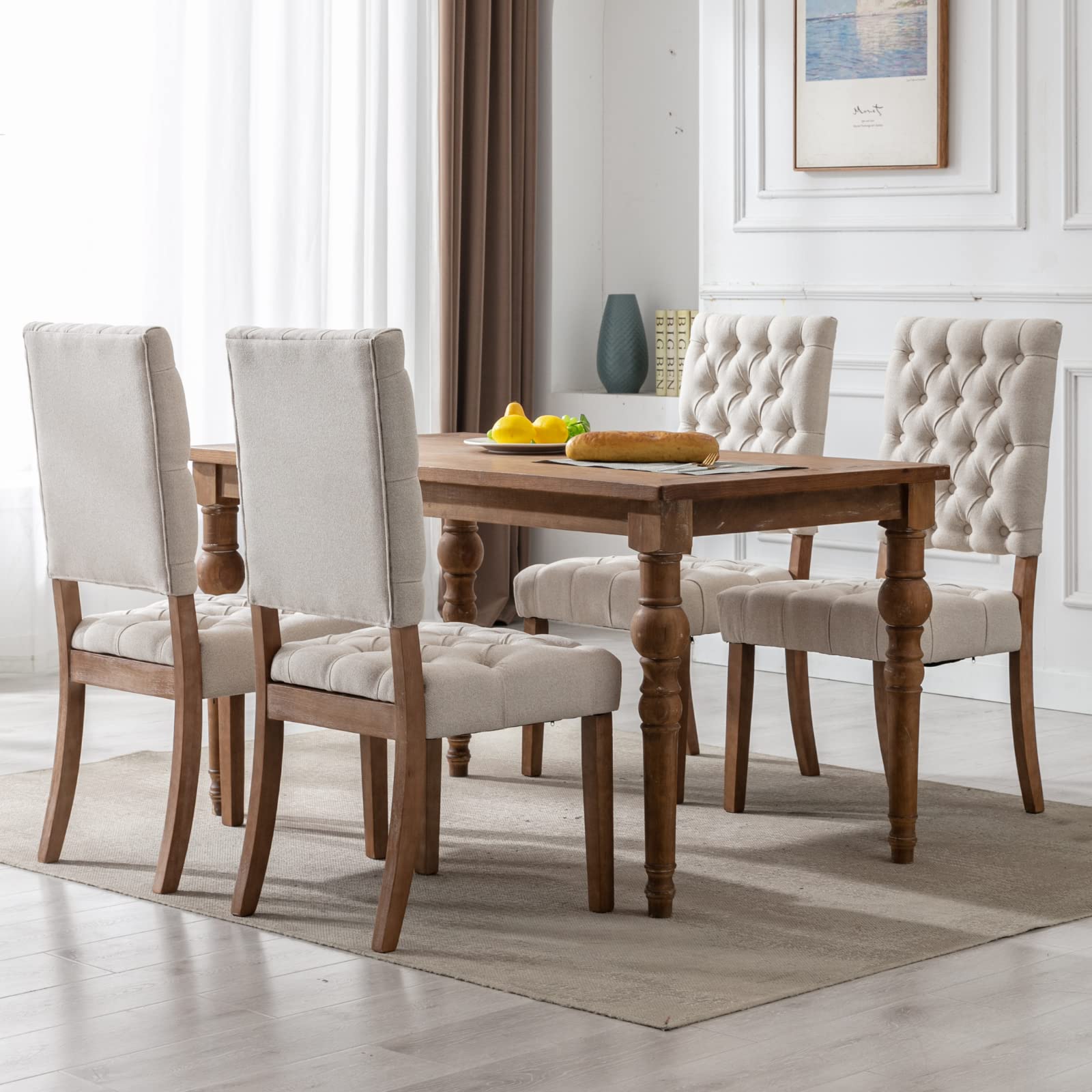 Ya-Home Modern Dining Chairs Set of 4, Linen Comfy Tufted Side Chairs with Wooden Legs, Upholstered Armless Dining Room Chairs with High Back for Living Room Kitchen, Beige