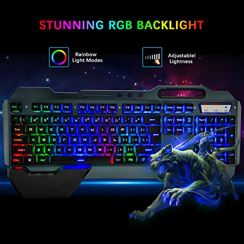 Wireless Gaming Keyboard Mouse & Mouse Pad Combo,3 in 1 Rainbow Backlit Rechargeable Keyboard with 3800mAh Battery Metal Panel Removable Hand Rest,RGB Gaming Mouse Pad(32.5x12 inch),Mute Gaming Mice