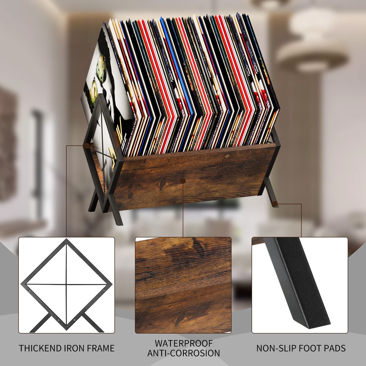 YINMIT Vinyl Record Holder, 80-100 LP Vinyl Record Storage Rack, Quick Assembly Vinyl Record Display, Retro Style Organizer for Magazine, Book, Files, Albums