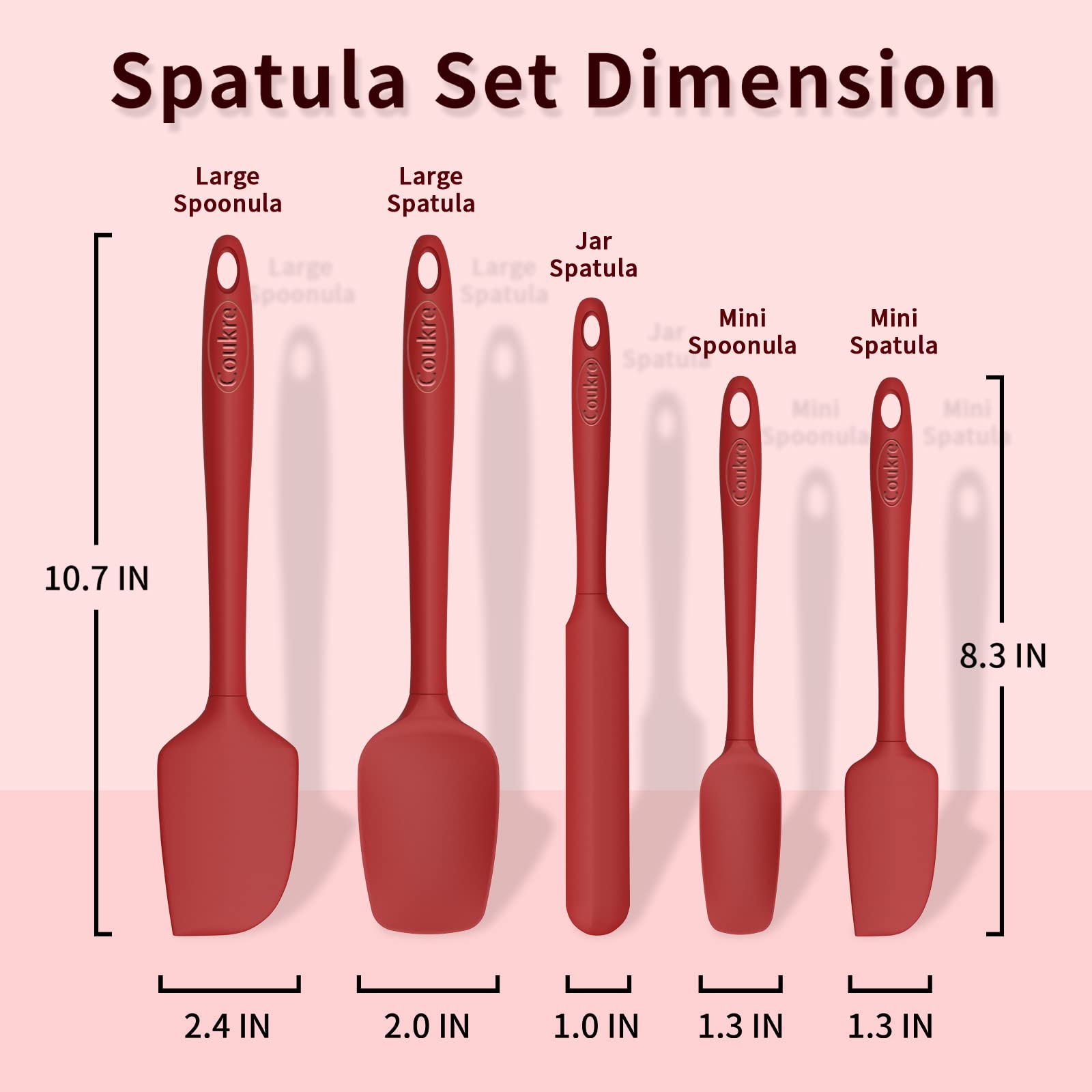 Silicone Spatula Set of 5,High Temperature Resistant, Food Grade Silicone, Dishwasher Safe, for Baking, Cooking (Pure Red)