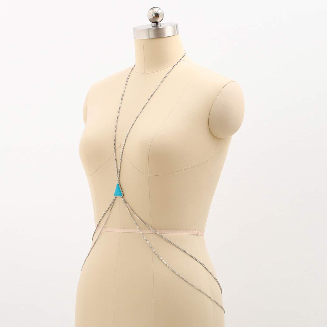 Yean Turquoise Bikini Chain Silver Harness Bra Chain Crossover Body Jewelry for Women and Girls