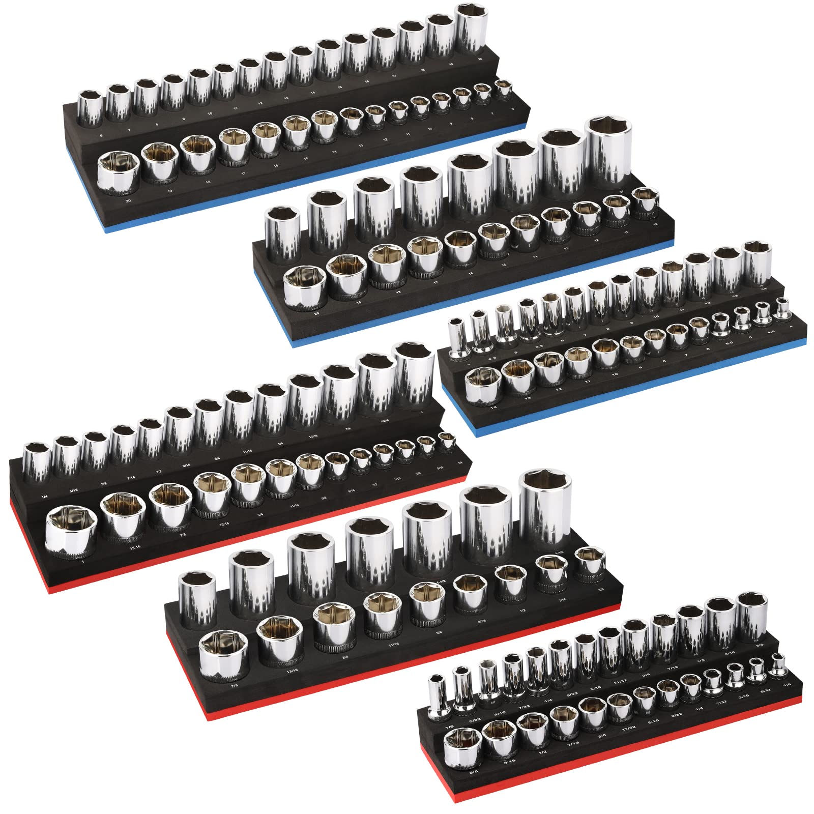 Socket Organizer Set, 6PCS Socket Holder for Metric and SAE 1/2'', 3/8'' and 1/4'' Sockets with Accurate Hole Size, Suitable for Toolbox and Tool Cart Socket Storage (EVA foam, Sockets not included)