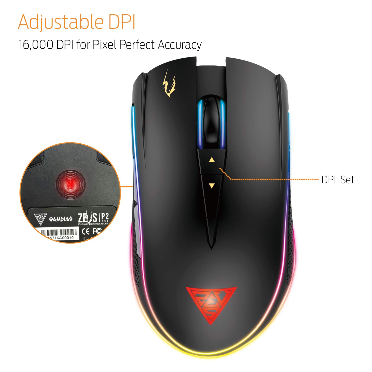 ZEUS GAMDIAS Optical Gaming Mouse with RGB Streaming Light, Hera Software Supported, 8 Programmable Keys, Adjustable 16000 DPI (Zeus P2)