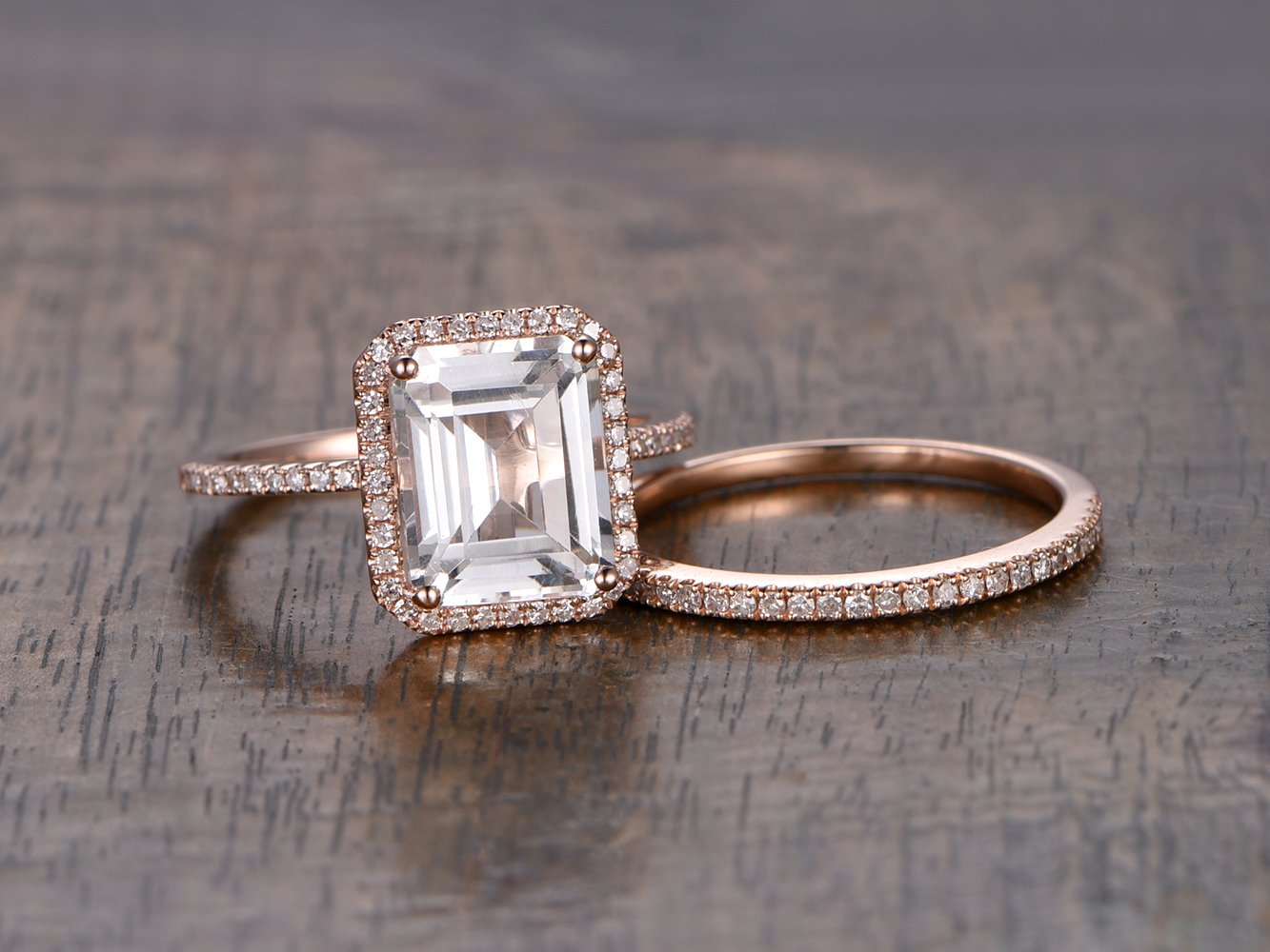 White Topaz Engagement Ring Set Diamond wedding ring 14K Rose Gold 10x8mm Emerald Cut Stone Promise