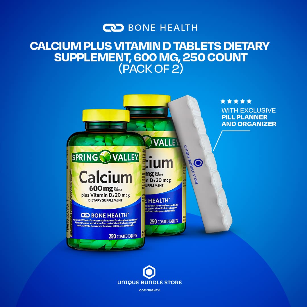 Spring Valley, Calcium 600 MG with Vitamin D3, Dietary Supplement, Calcium Supplement 600 mg, 250 Count + 7 Day Pill Organizer Included (Pack of 2)