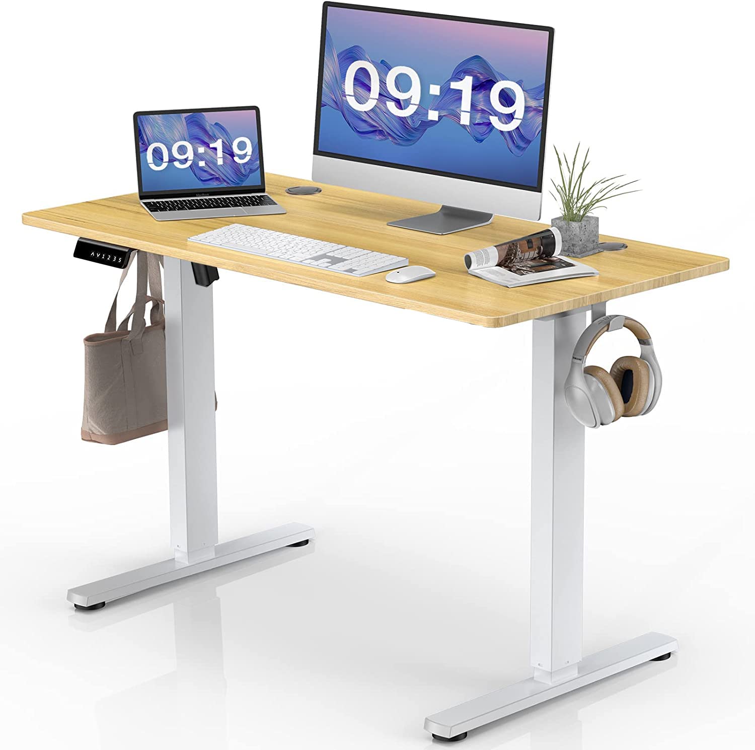 Standing Desk with Keyboard Tray, 48 x 24in Electric Height Adjustable Table with Splice Board, Ergonomic Rising Computer Workstation for Home Office Study with Memory Controller/Headphone Hook, Black