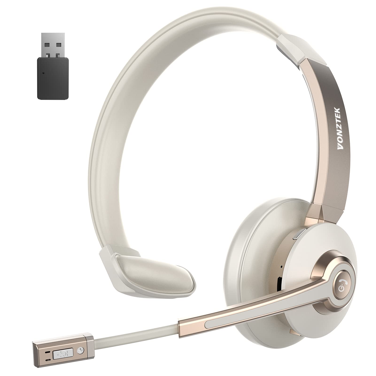 Wireless Headset, Bluetooth Headset with Microphone Noise Canceling, 45H Talk Time Wireless Headphones with USB Dongle & Mute for PC Computer Cell Phone Office Remote Work Zoom Meeting Call - Dune