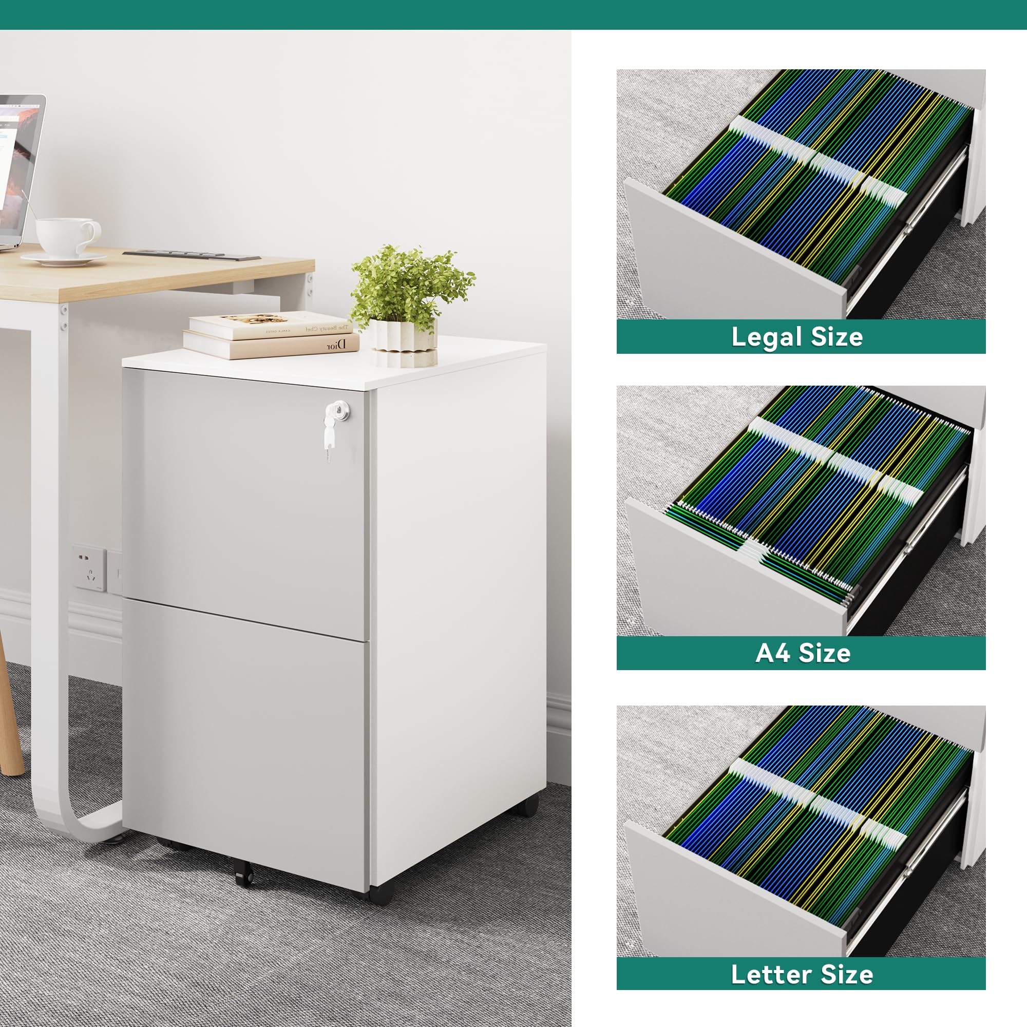YITAHOME 2-Drawer File Cabinet with Lock, Metal Mobile File Cabinet with Lock, Filing Cabinet Under Desk Fits Legal/Letter for Home/Office, Fully Assembled, Grey and White