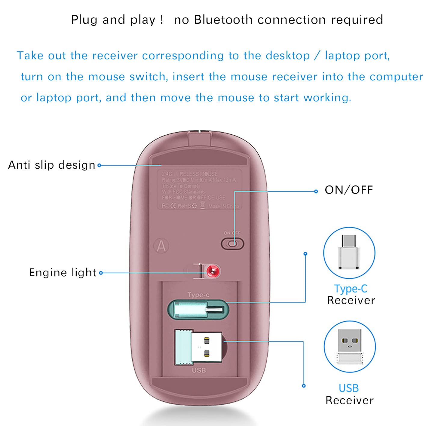 Wireless Mouse for MacBook Pro MacBook Air Mac iMac Desktop Computer Chromebook Win7/8/10 PC HP Dell Laptop (Rose Gold)