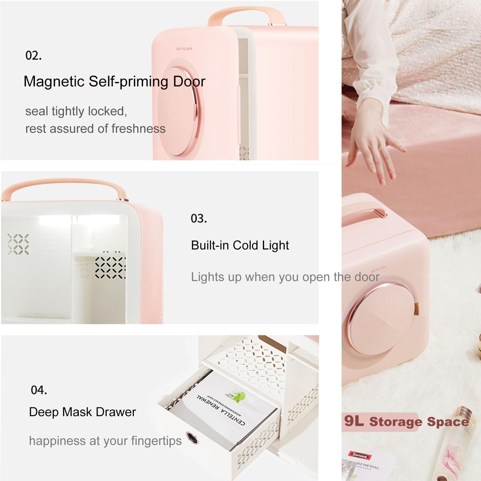 SZIPJAMP Small Beauty Refrigerator 9L Personal Cosmetics Storage Box Portable Skin Care Protector with Interior Led Light Freezer for Bedroom Bathroom Vanity