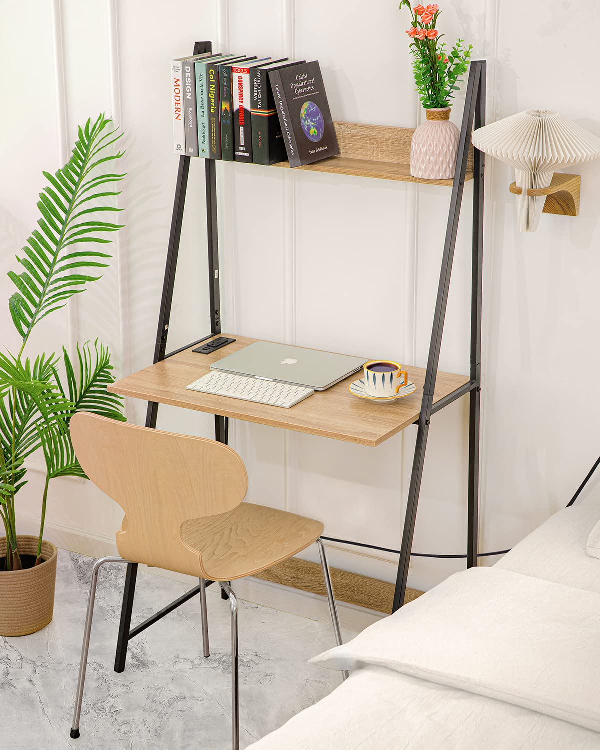 SpringSun Computer Desk with Power Outlet 2-Tier Ladder Computer Table with Storage Bookshelf, USB Charging Ports Modern Writting Table for Office and Home