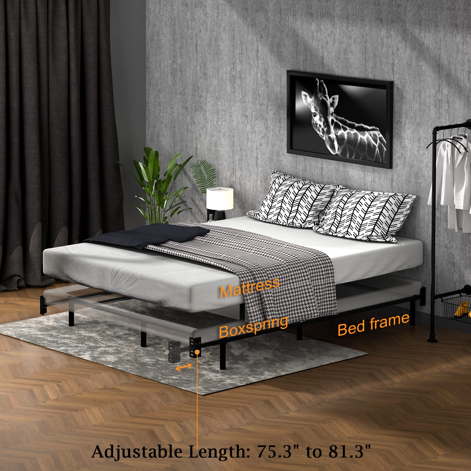 UJUJIA Metal Bed Frame Heavy Duty Platform Bed Frames Steel Slat Support for Twin/Full/Queen/King 9 legs Mattress Foundation Easy Assembly Adjustable Bed Frame (Black, Universal)