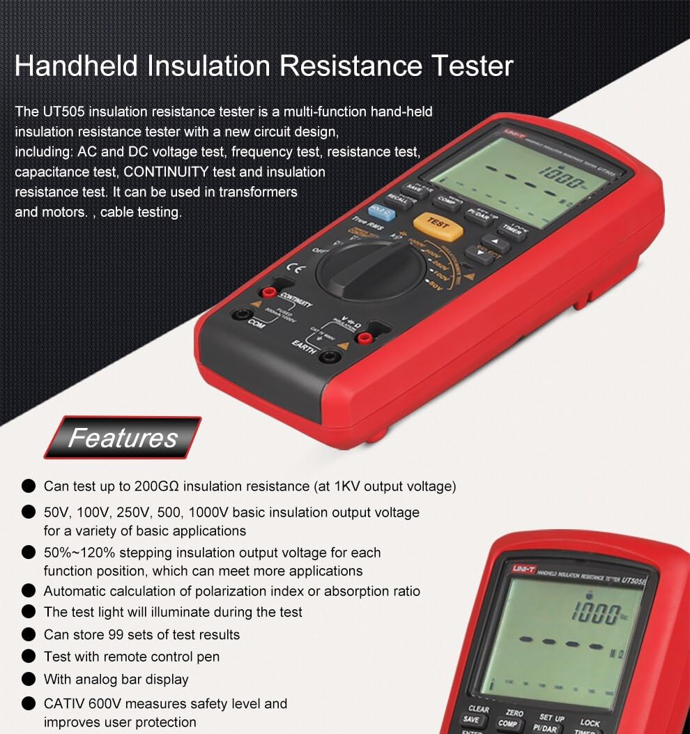 UNI-T UT505A 505B 1000V Digital Handheld True RMS Megger Insulation Resistance Meter Tester Multimeter Ohm Voltmeter Megohmmeter(UT505A)
