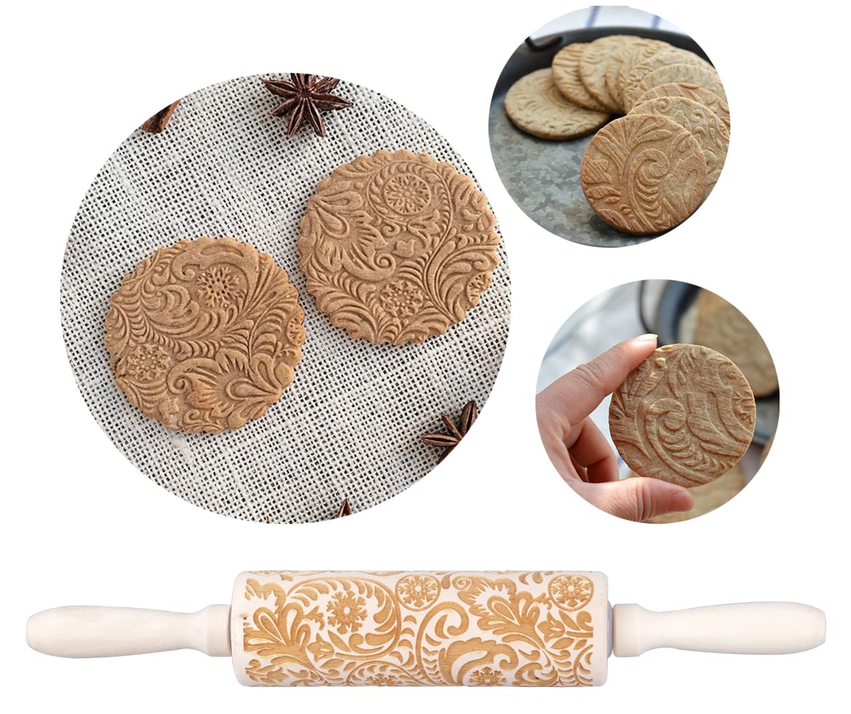 Wooden Embossing Rolling Pins with Designs for Baking, Engraved Rolling Pin with Pattern, Fondant Roller Snowflakes Christmas 3D