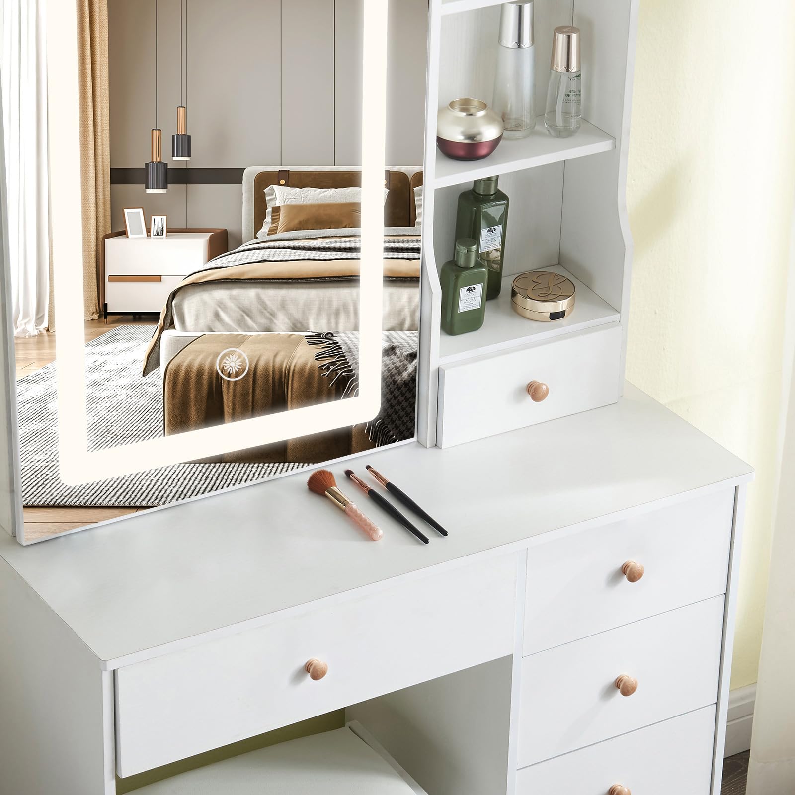Vanity Desk Makeup Dressing Table with LED Lighted Mirror Cushioned Stool Set 3 Color Lighting Modes Storage Shelves 5 Drawers Brightness Adjustable Modern for Women Girls Bedroom White