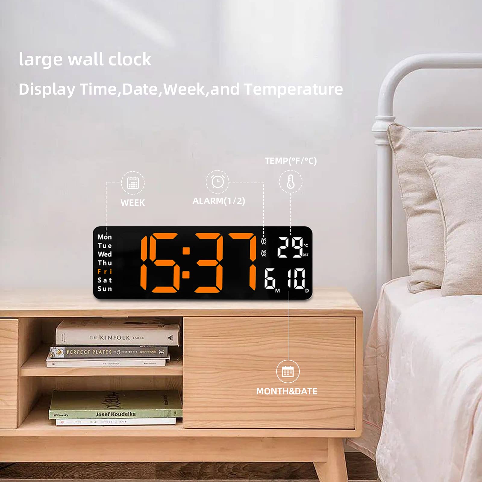 SPLITSKY 12.5 Inch Large Digital Wall Clock, Modern LED Digital Clock with Remote Control,10-Levels Brightness Dimming,Dual Alarm Clock, Date,Week,Temperature, for Bedroom, living Room, Office