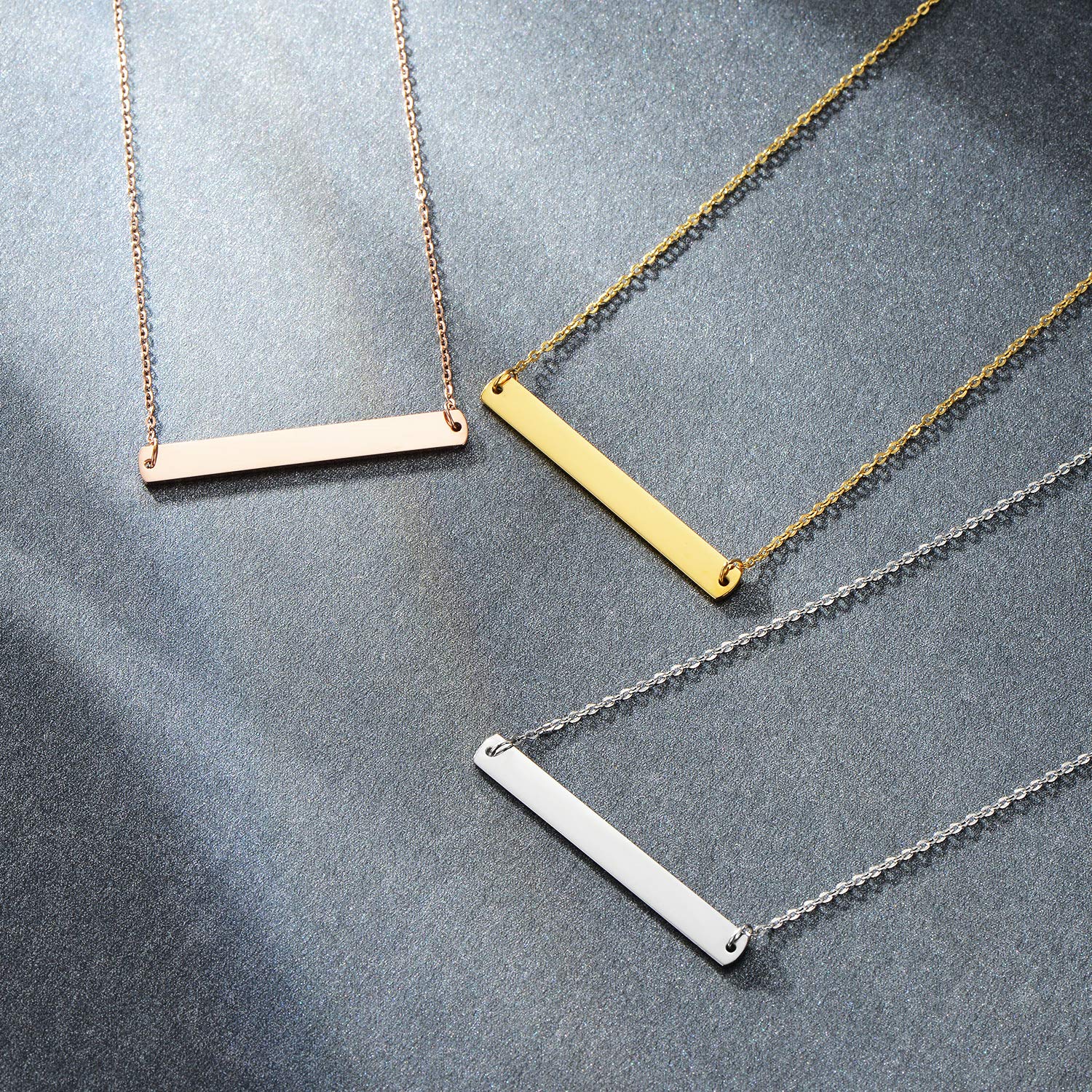 Zillaly Gold Silver Rose Gold Horizontal Bar Necklace Stainless Steel 18K Gold Plated Bar Necklace Ladies Adjustable Chain (White)