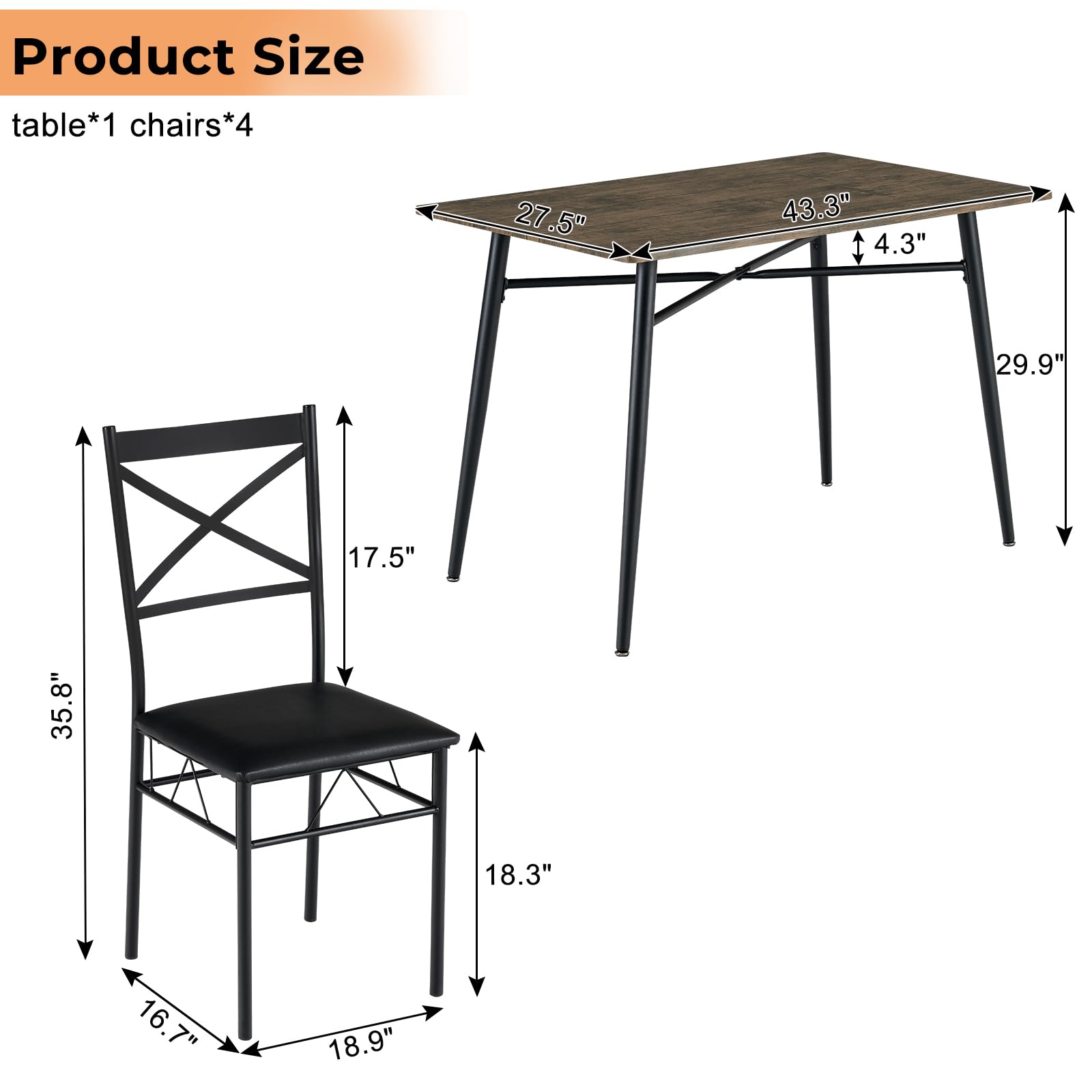 VINGLI 43.3" Dining Table Set for 4, Small Kitchen Table and Chairs for Small Space, 5 Pieces Modern Metal and Wooden Dining Table with Chairs Set for Dining Room, Apartment - Brown