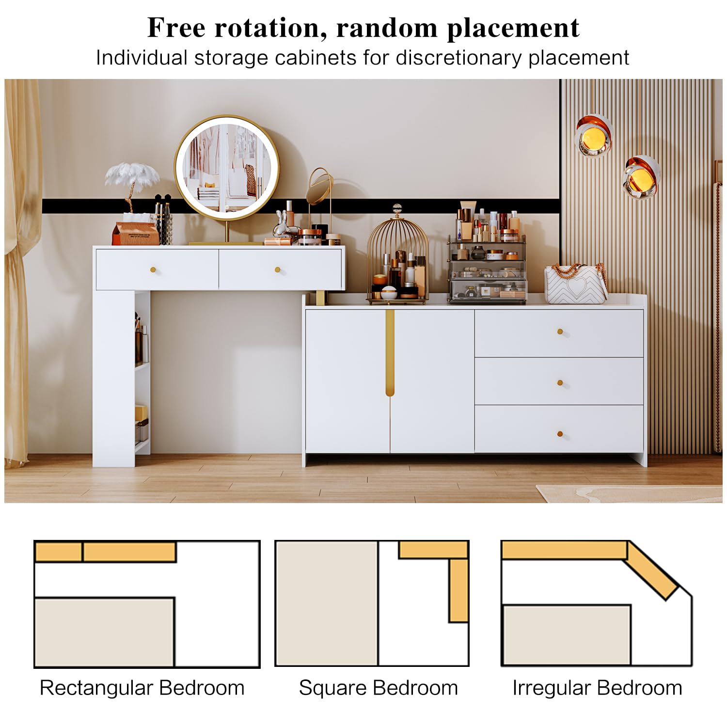Vanity desk with mirror and lights, 3 Color Touch Screen,Modern Retractable Makeup Dressing Table with Adjustable Cabinet and 5 Sliding Drawers,Vanity Table Set ,Writing Desk Bedroom Essential,White