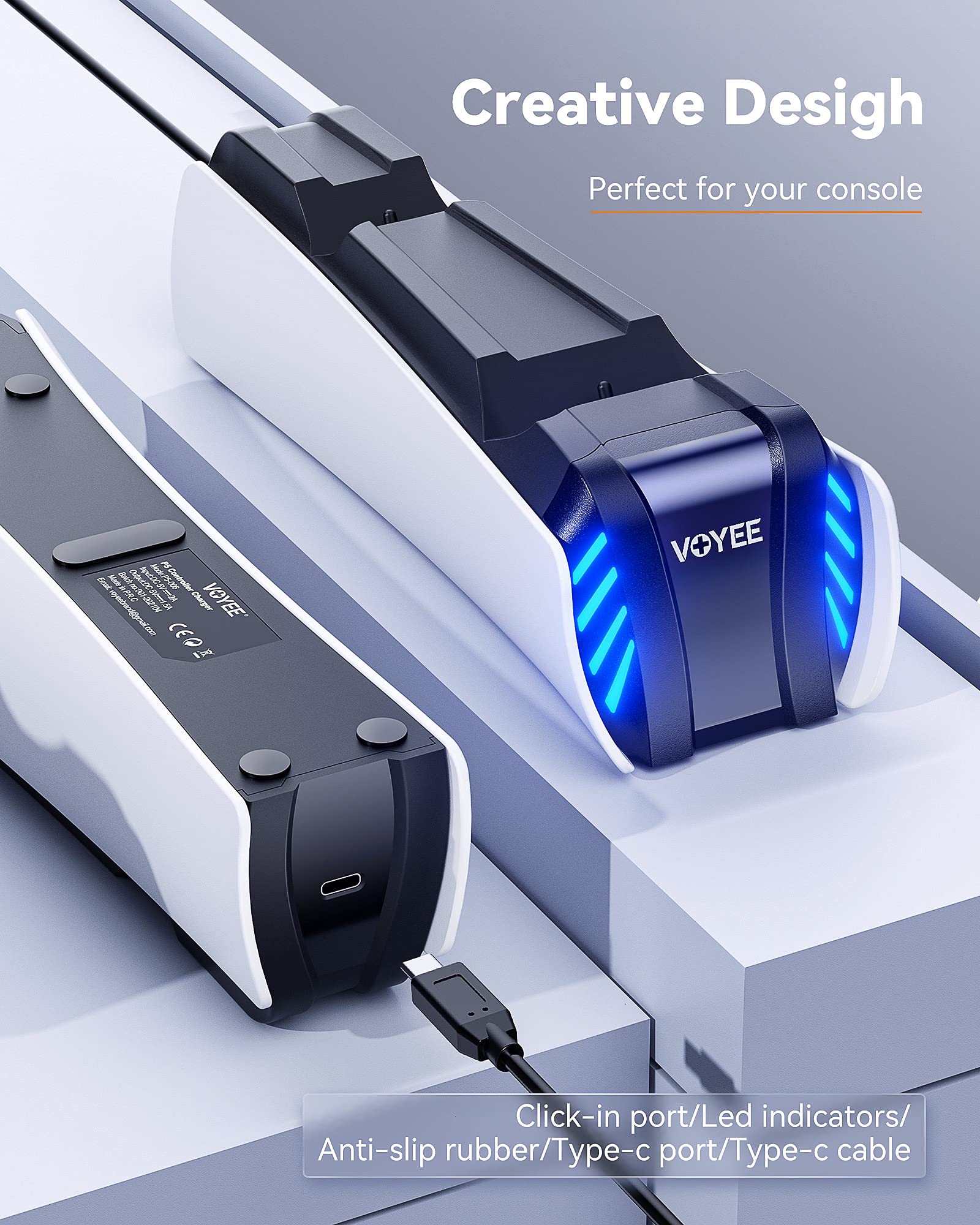 VOYEE PS5 Controller Charging Station, PS5 Fast Charger Station, Upgraded Dual Controller Charging Stand Compatible with Playstation 5, PS 5 Docking Station Replacement for DualSense Charging Station