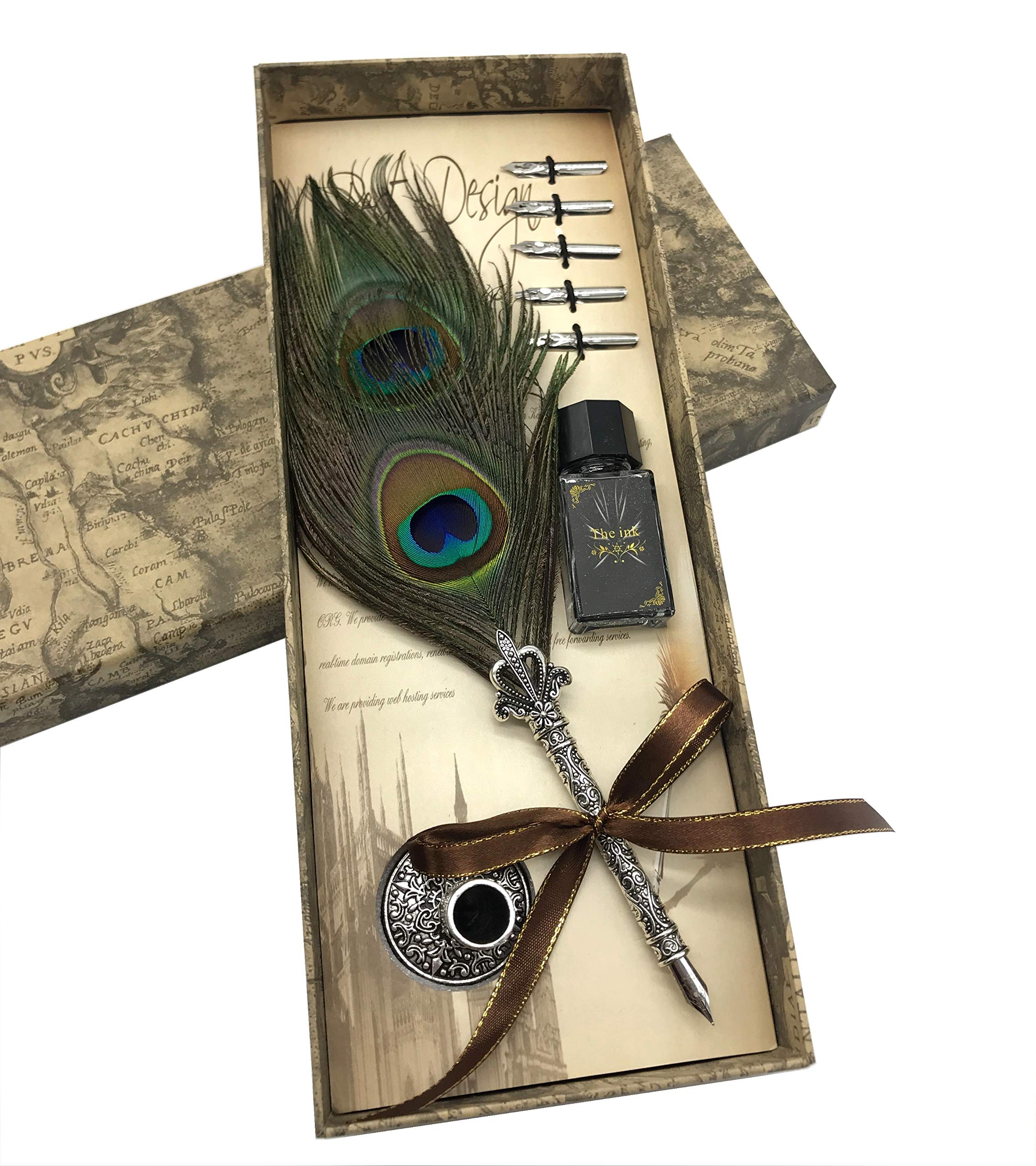 W.D Antique Feather Copper Pen Stem Writting Quill Calligraphy Feather Quill Pen Gift Set