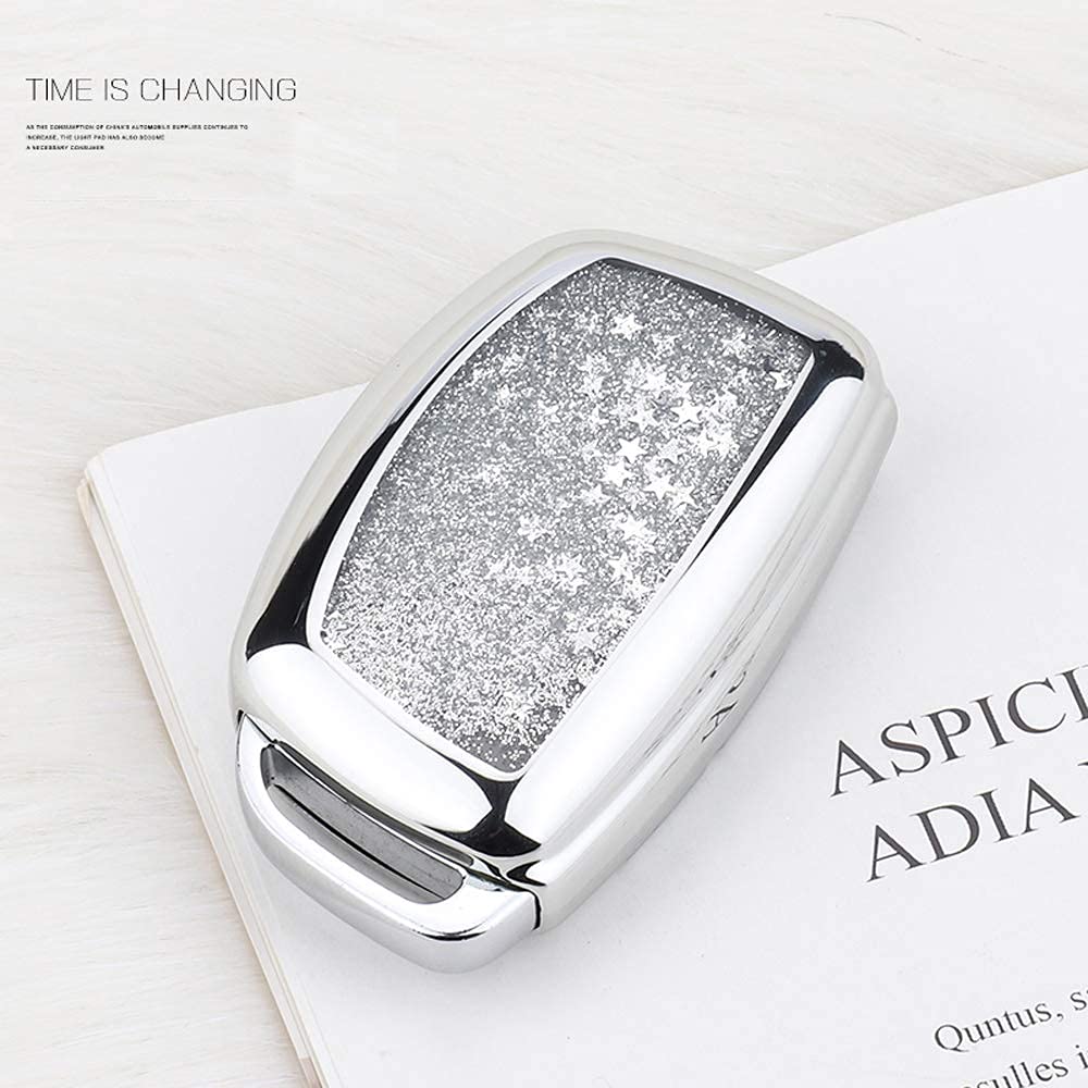 YIJINSHENG TPU Car Key Soft Plating Protection Shell Case Cover for Hyundai Tucson Elantra Sonata Santa IX30 IX35 3/4 Buttons Smart Key Keyless Remote FOB Shell Key Chains (Silver)