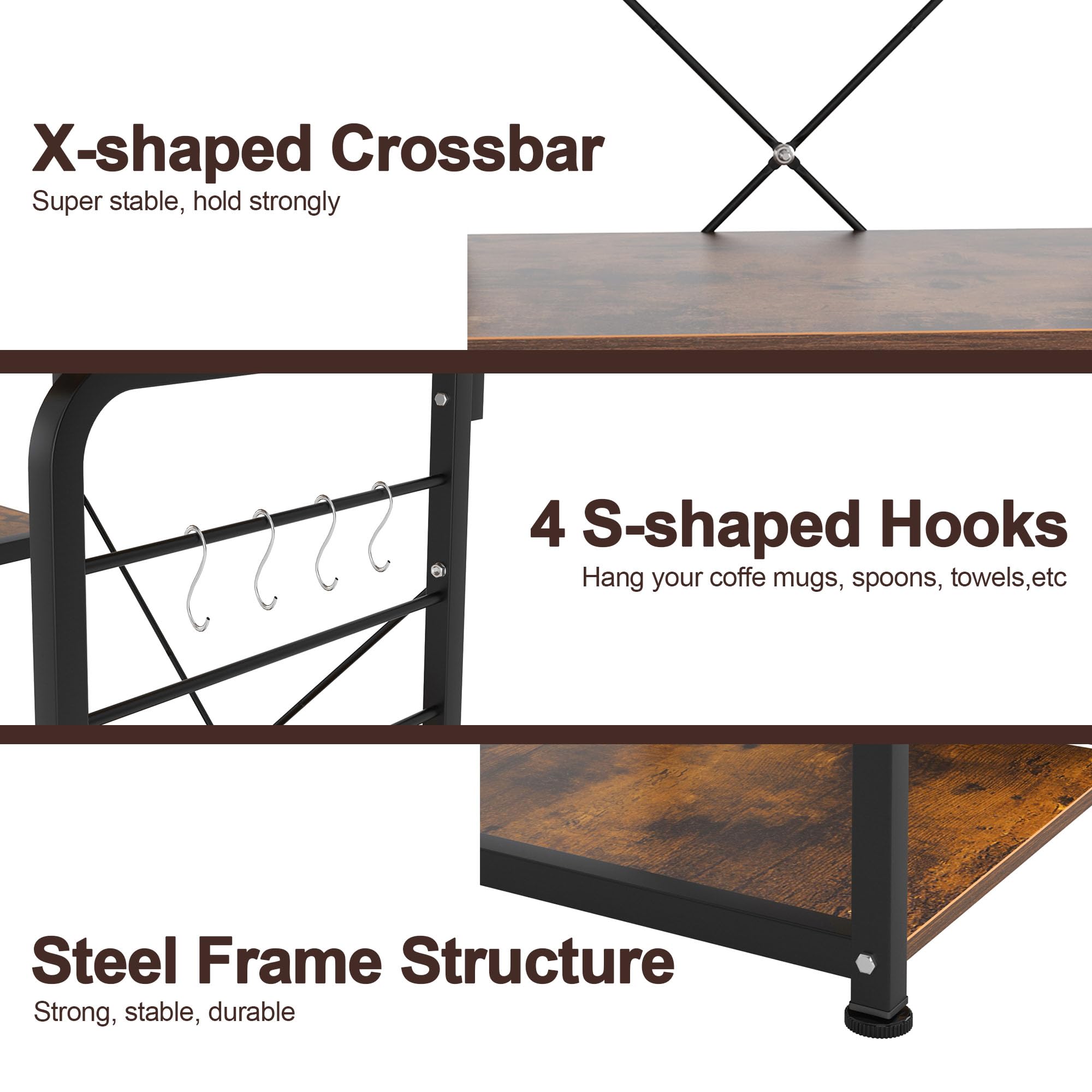 soges Microwave Cart Coffee Station, Kitchen Bakers Rack, Utility Microwave Oven Stand Storage Cart, Workstation Shelf, Rustic Brown 172-FG