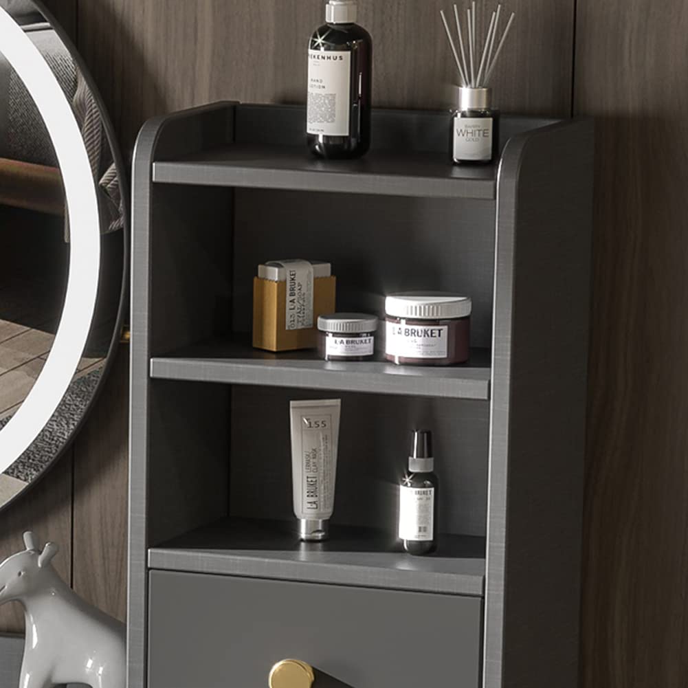 Vanity Desk,Make Vanity Set with Touch Screen Dimming Mirror, 3 Color Lighting Modes, Dressing Table with 3 Sliding Drawers, Modern Bedroom Makeup Table and Cushioned Stool Set for Women Girls,Grey