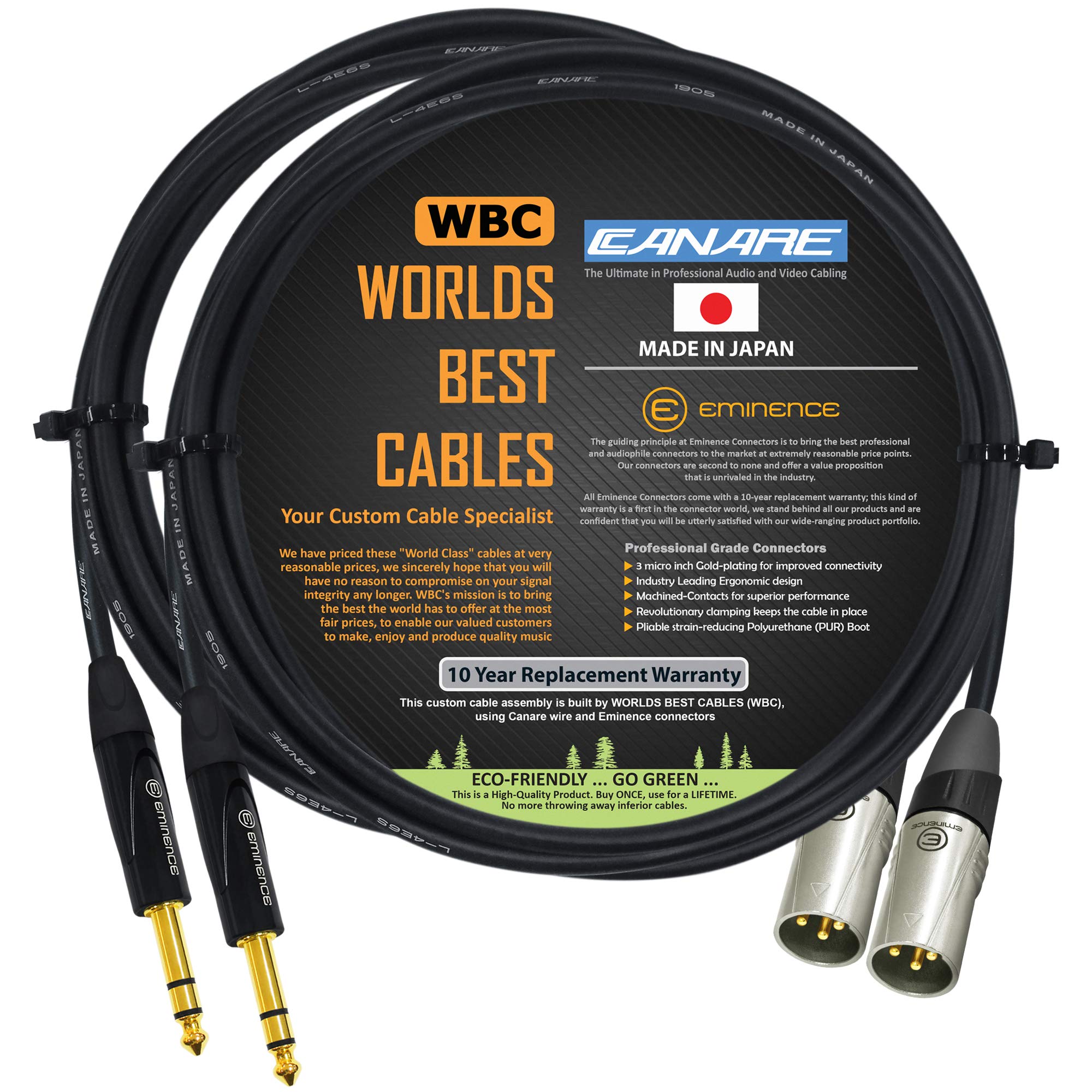 WORLDS BEST CABLES 2 Units - 3 Foot - Canare L-4E6S, Star Quad Balanced XLR to TRS Patch Cable with Eminence Gold E311 Male XLR & E502 TRS Stereo Plugs - Custom Made