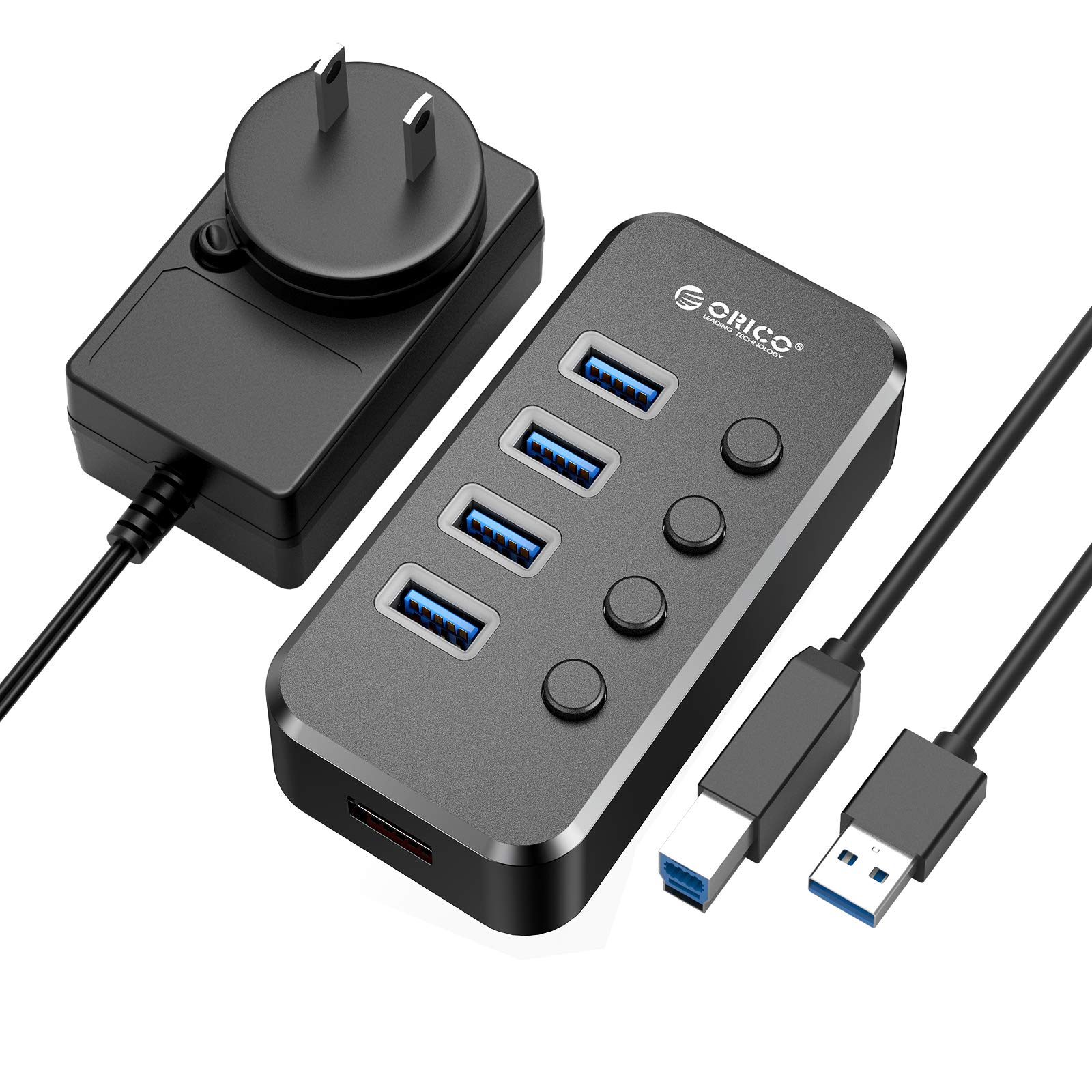 USB Hub 3.0, ORICO 4 Ports USB Data Hub + 1 USB Smart Charging Port, 39.37 Inch USB Extension Cable, 12V/2A Power Adapter and Individual On/Off Switches for PC, HDD, PS4 and More