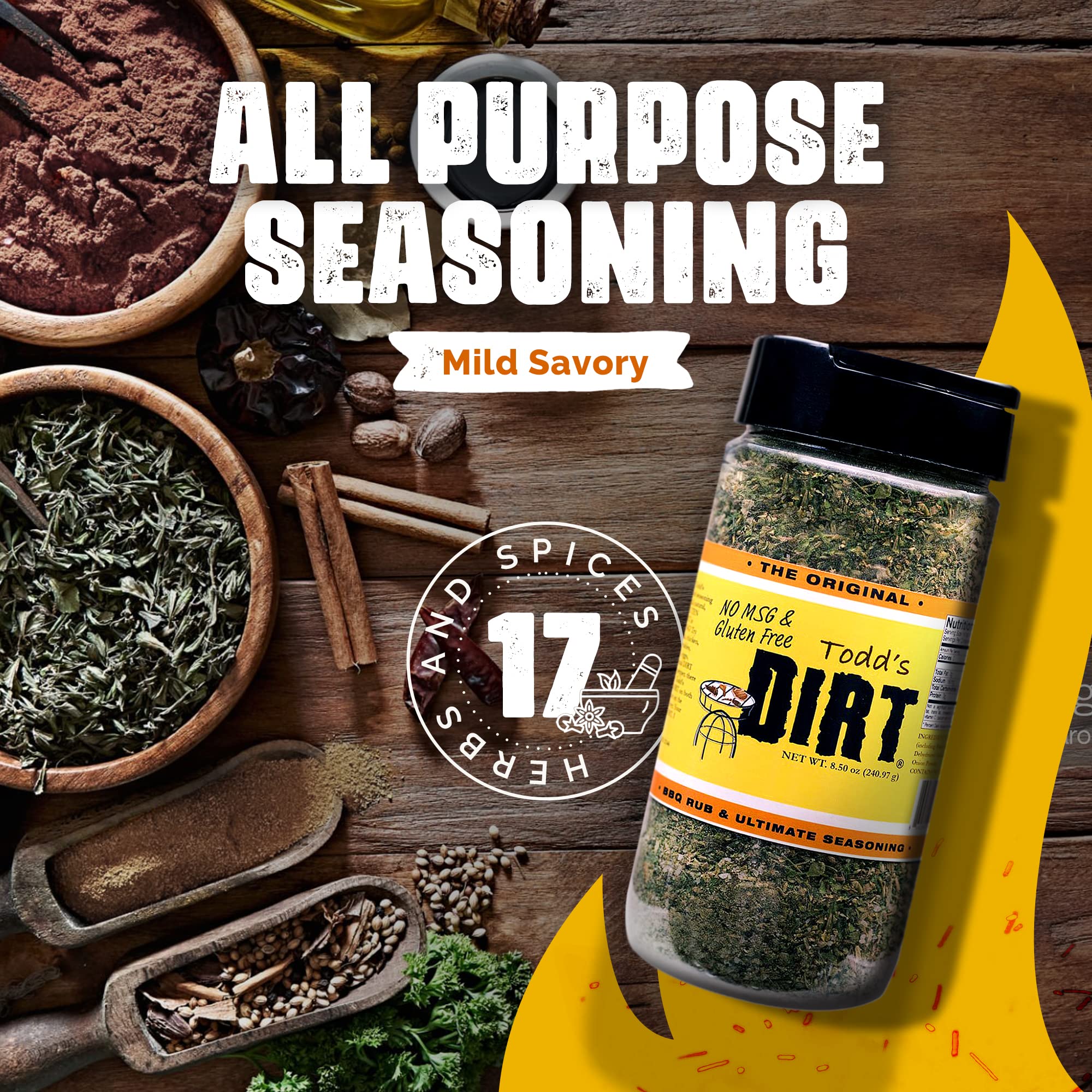 Todd’s DIRT - Original DIRT Large 8.50 oz Bottle, All Purpose Seasoning & BBQ Rub, Gourmet Mild Savory Seasoning/Rub that’s GREAT ON EVERYTHING, 100% All Natural With No MSG & Gluten-Free, 8.50 oz