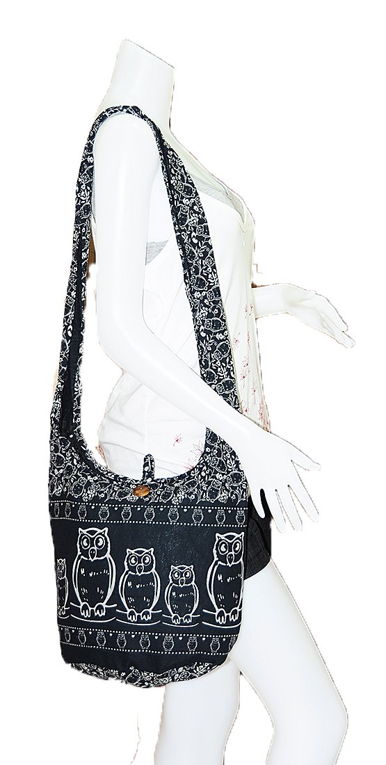 Thai Hippie Hobo Sling Crossbody Shoulder Bag Purse Handmade Zip Owl Bird Pattern Cotton Gypsy Boho Messenger Medium (M490 (Black))