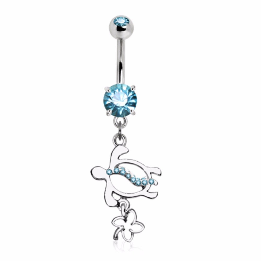 WildKlass Jewelry 316L Stainless Steel Hawaiian Flower & Turtle Dangle Belly Ring