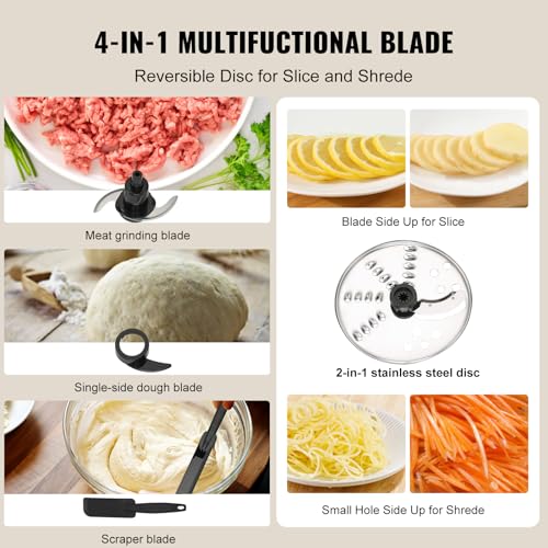 VEVOR Food Processor, 7 Cup Small Vegetable Chopper for Dough, Shredding, Slicing, Electric Meat Processors with 2 in1 Reversible SUS Disc, Large Feed Chute & Pusher, 2 Speed and Pulse for Home Use