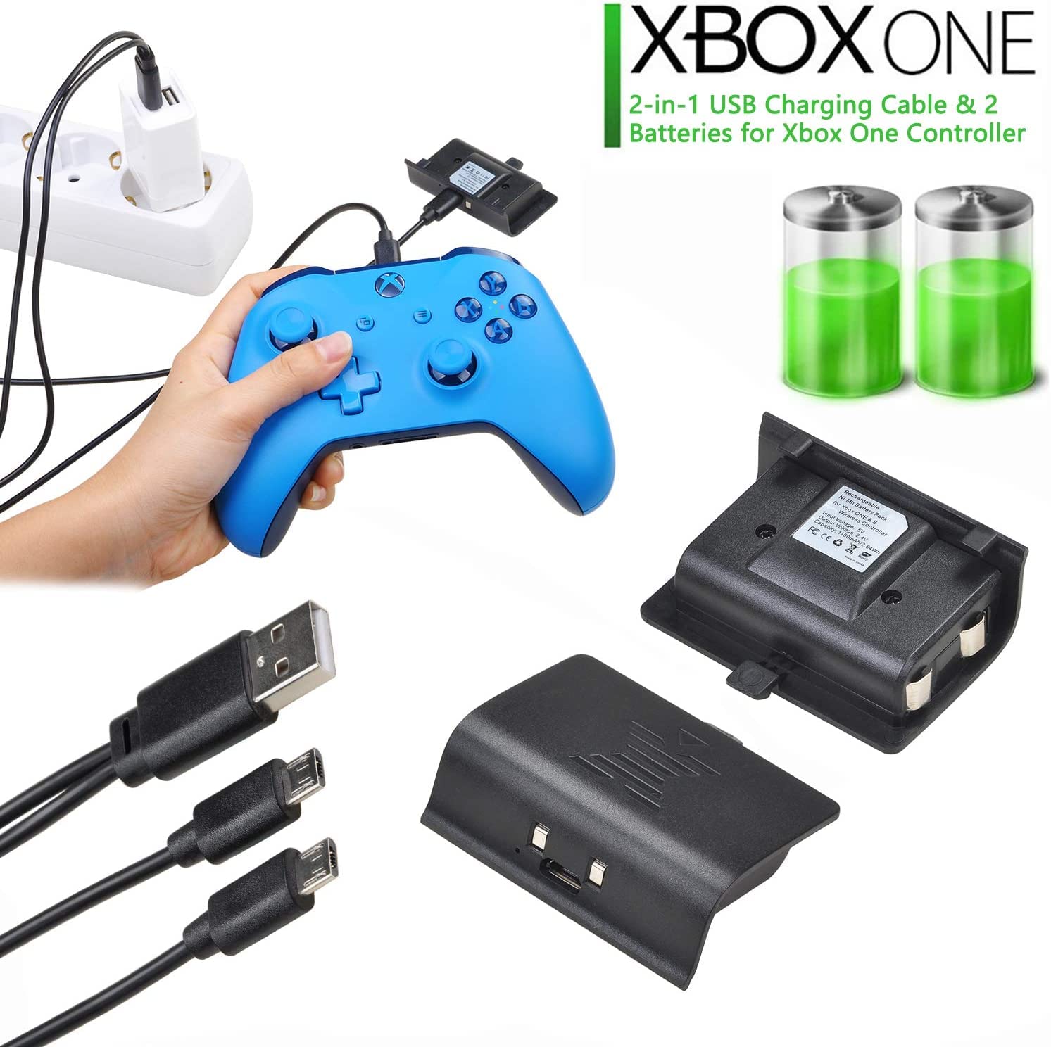 Xbox One Rechargeable Battery Pack, 2 Pack 1100mAh Xbox One Controller Battery for Xbox One S/X/Elite Controller with 2 in 1 USB Cable(Not for Xbox Series S/X)