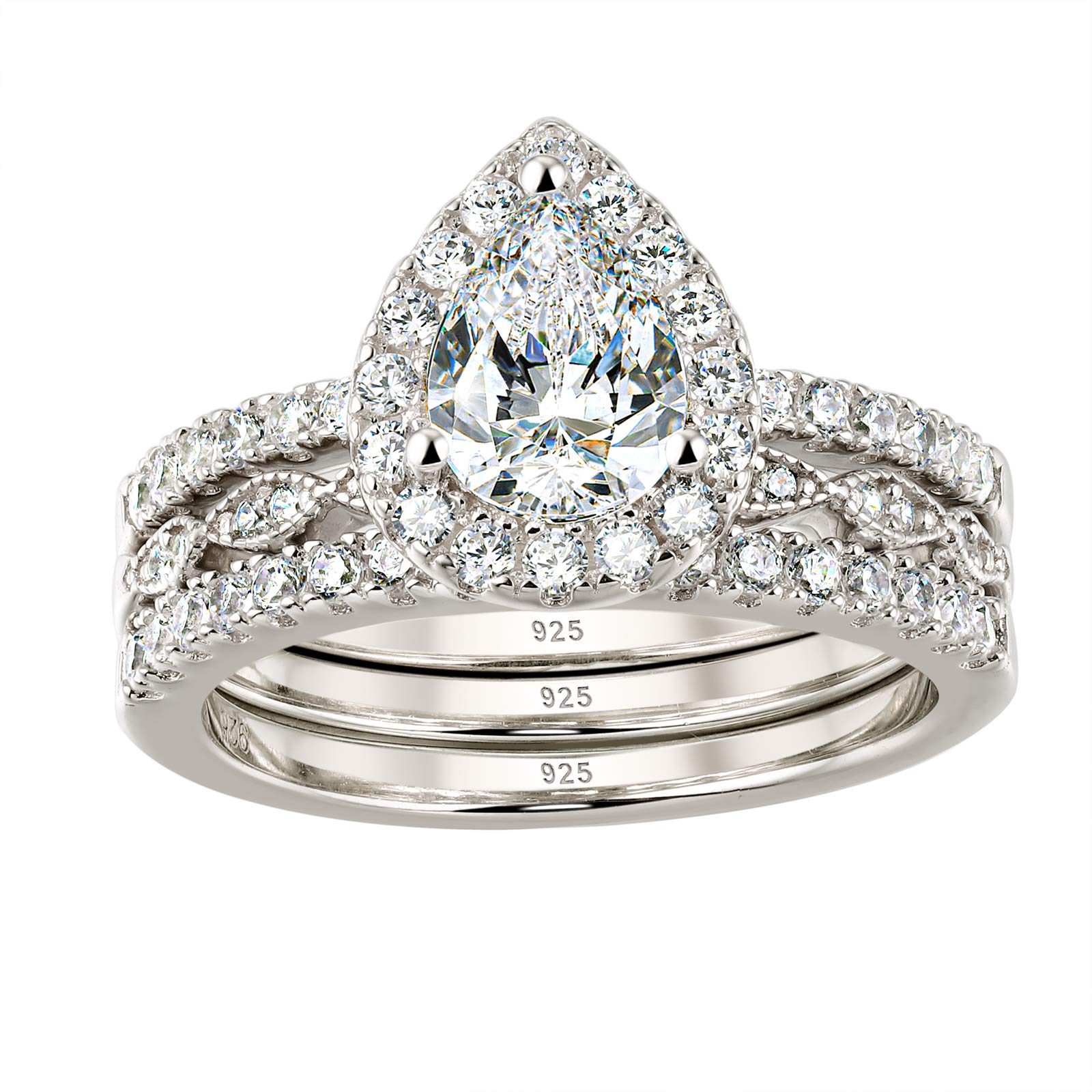 Wuziwen Halo Pear Cut Wedding Ring Set CZ Engagement Rings for Women 925 Sterling Silver Size 6