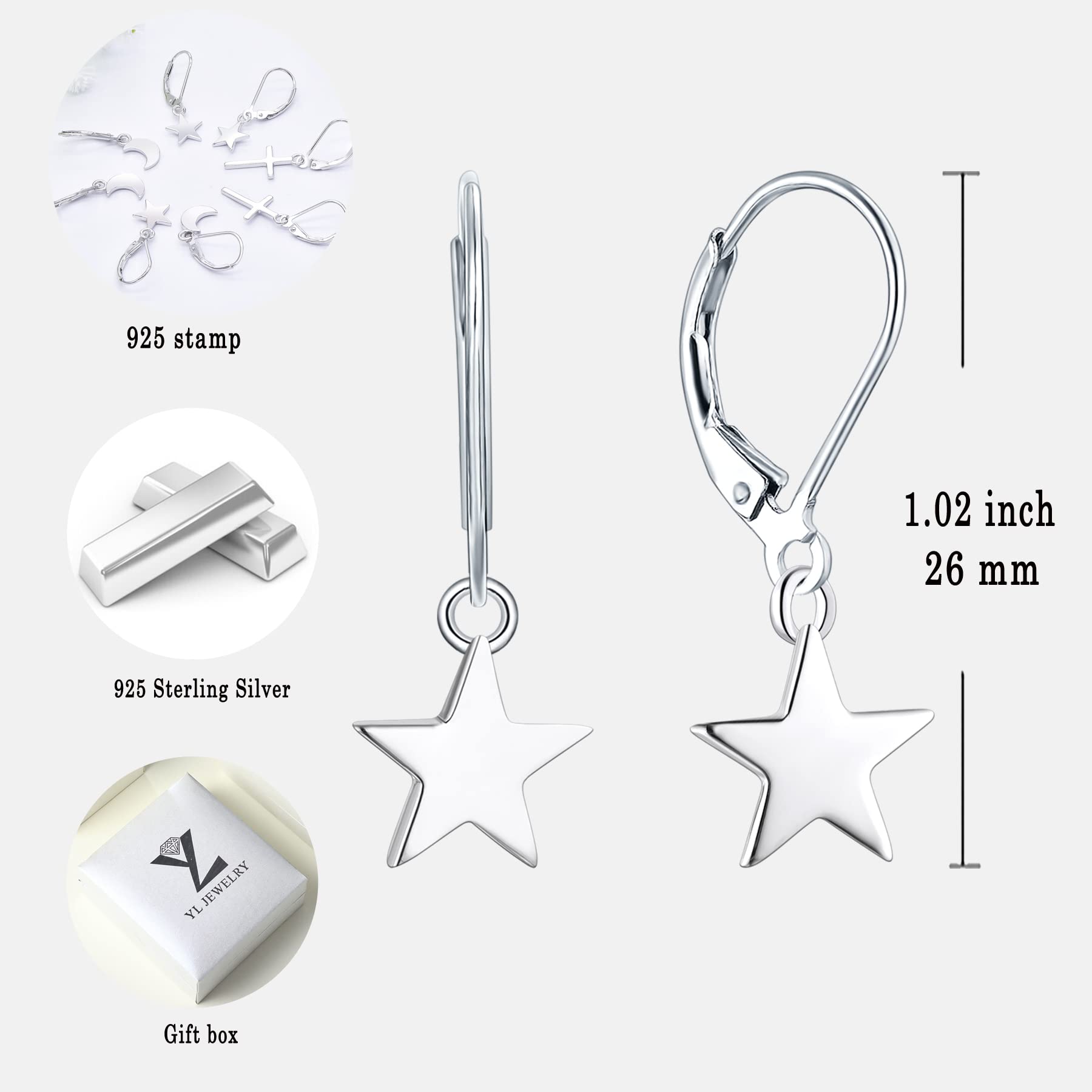 YL Star Earrings Sterling Silver Polished Dangle Drop Earrings Leverback Jewelry for Women