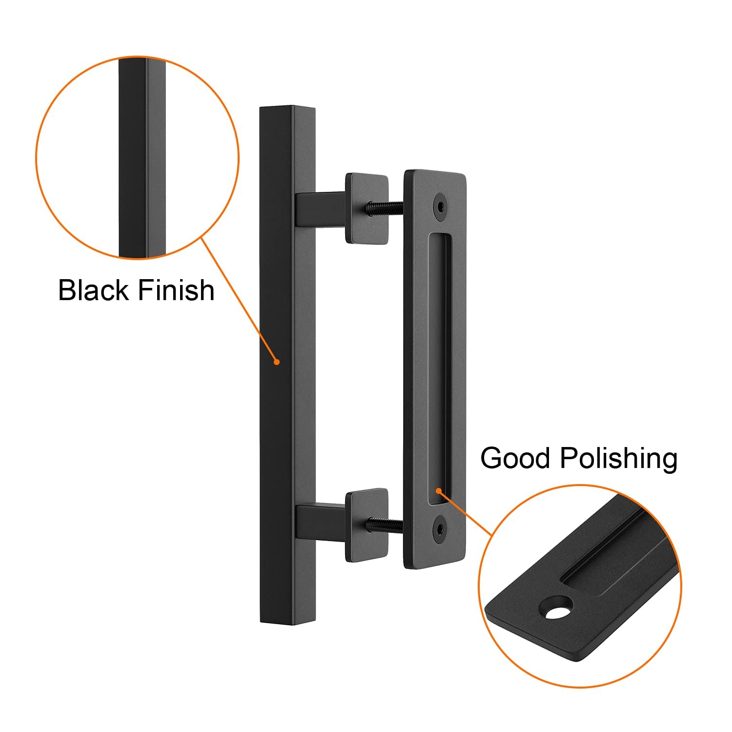 WINSOON Square 12" Sliding Barn Door Handles Pull Black with Flush Finger Hardware, Large Rustic, Pull and Flush Barn Door Handle Set, Suitable for Gate Garages Cabinet